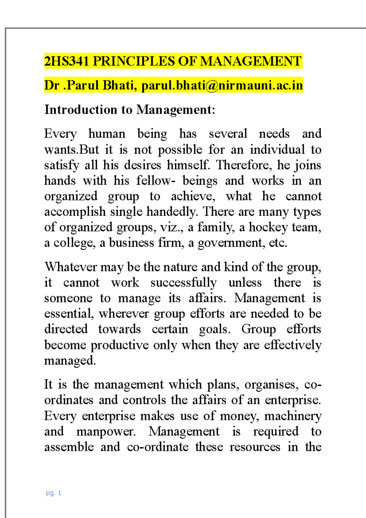 Unit 1 POM 2023 - Management notes - 2HS341 PRINCIPLES OF MANAGEMENT Dr ...