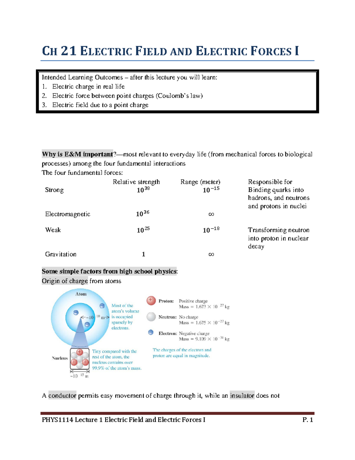Lecture 1 Notes - Electrodynamics - CH 21 ELECTRIC FIELD AND ELECTRIC ...