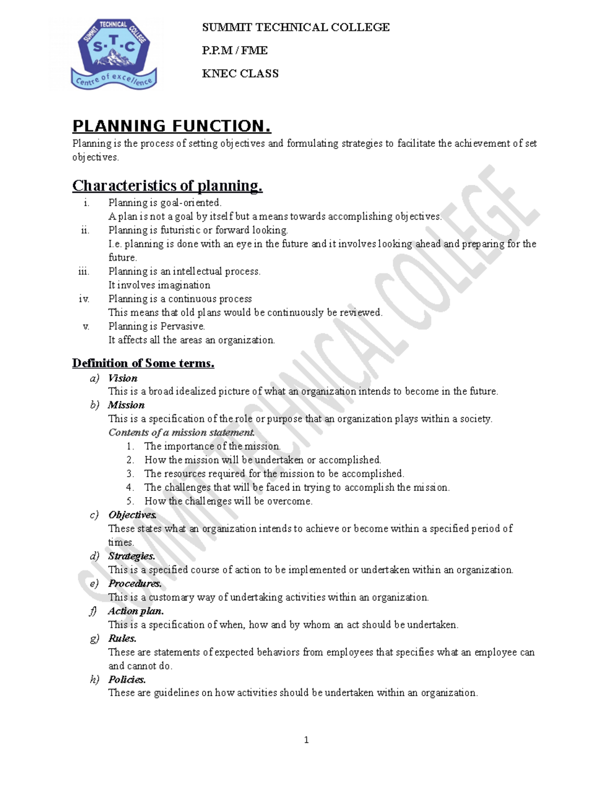 Planning Function - notes - PLANNING FUNCTION. Planning is the process ...