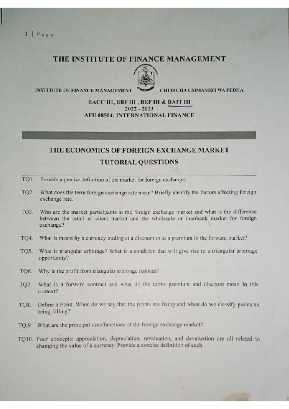 Tutorial Questions SET 2 AFU 08504 - International finance - Studocu