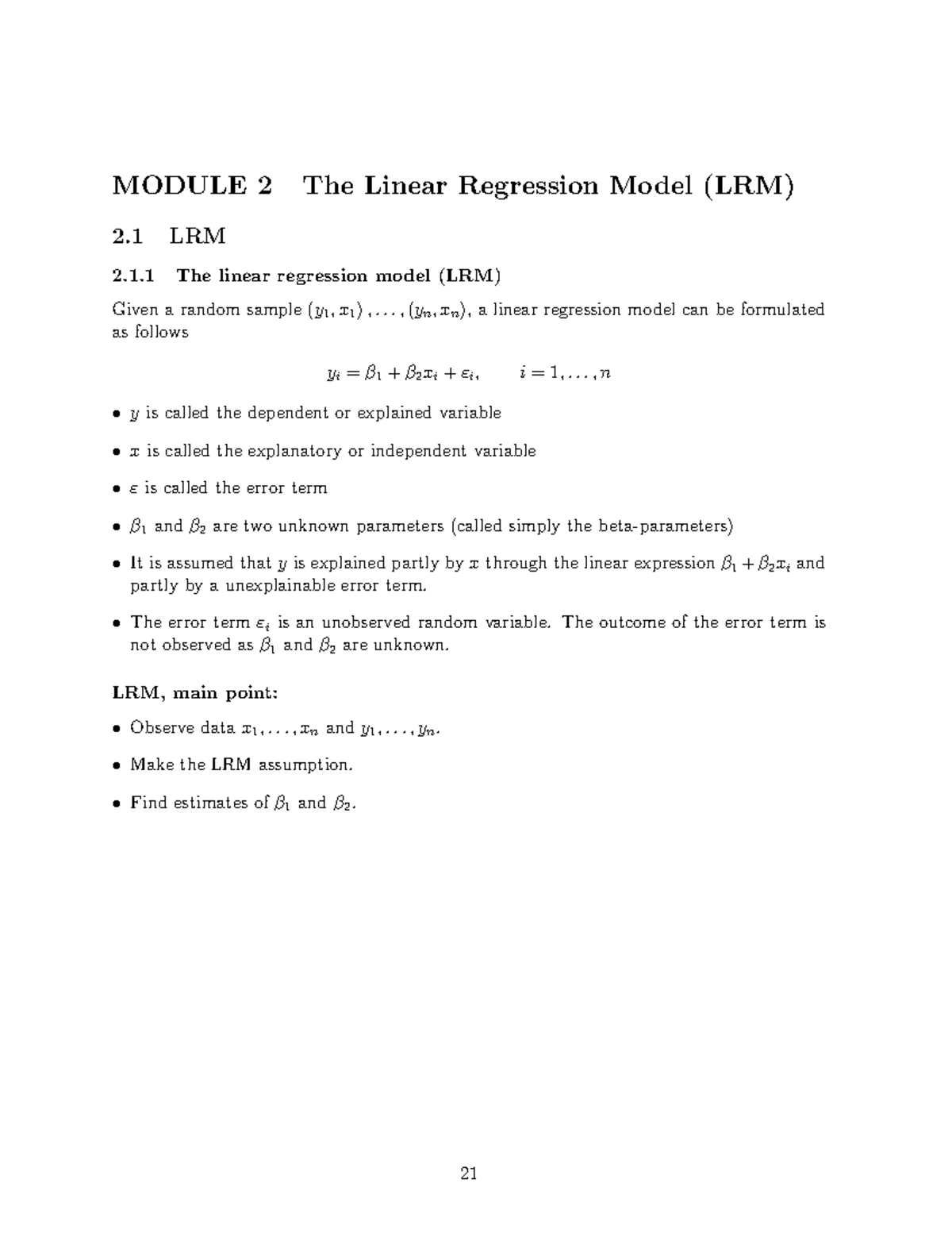 Module 2.1 - Sammanfattning - MODULE 2 The Linear Regression Model (LRM) 2 LRM 2.1 The linear ...
