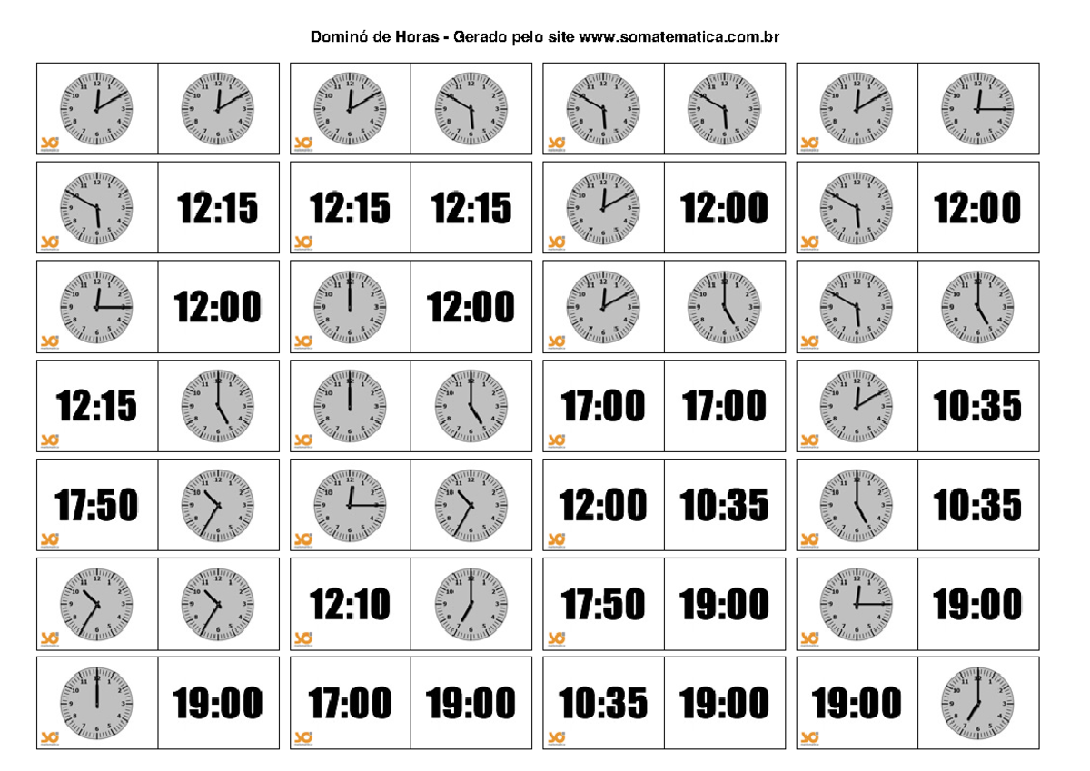 Dominó das horas - material didático - Introdução a educação - Dominó ...