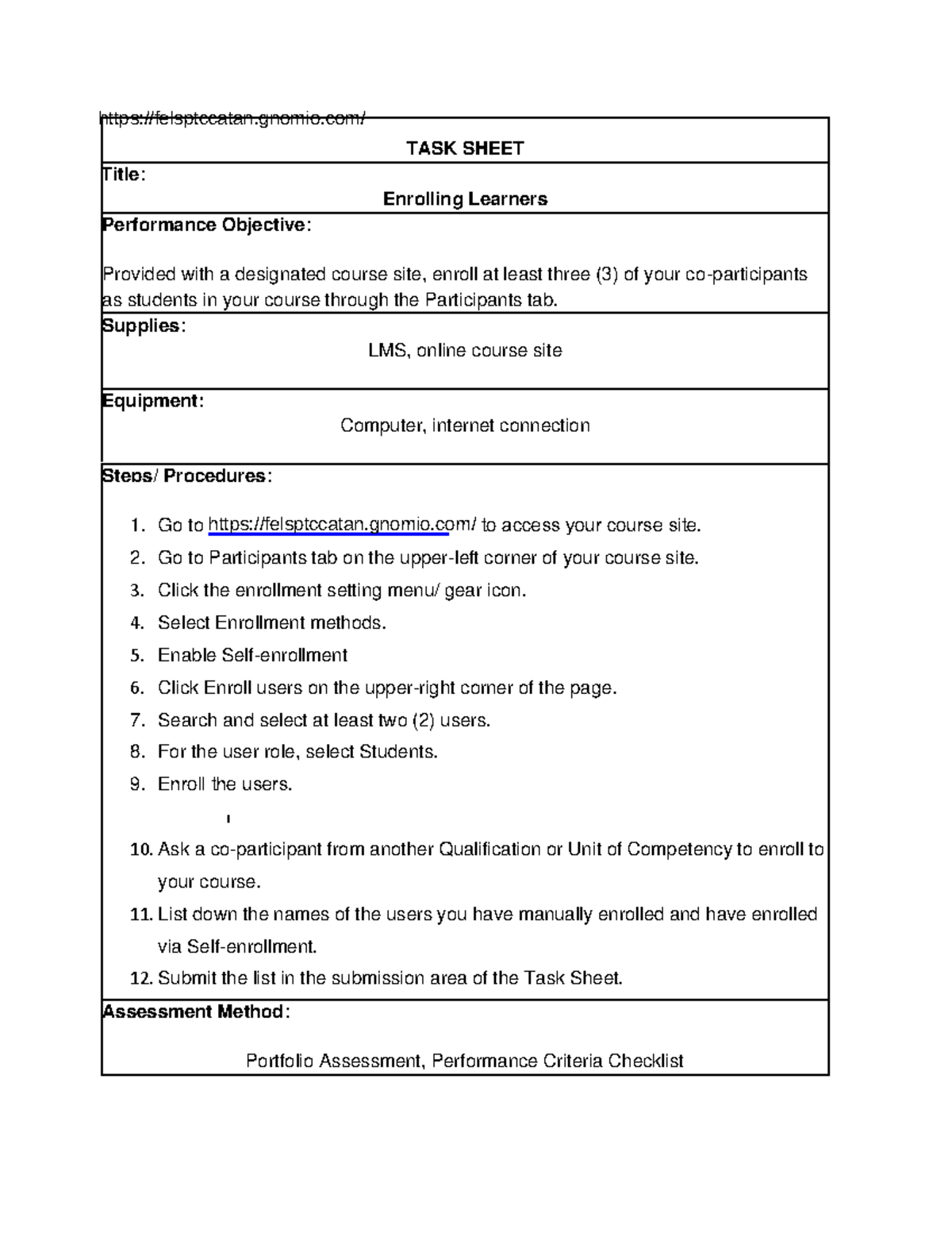 1.0 TASK Sheet Enrolling Learners - TASK SHEET Title: Enrolling ...