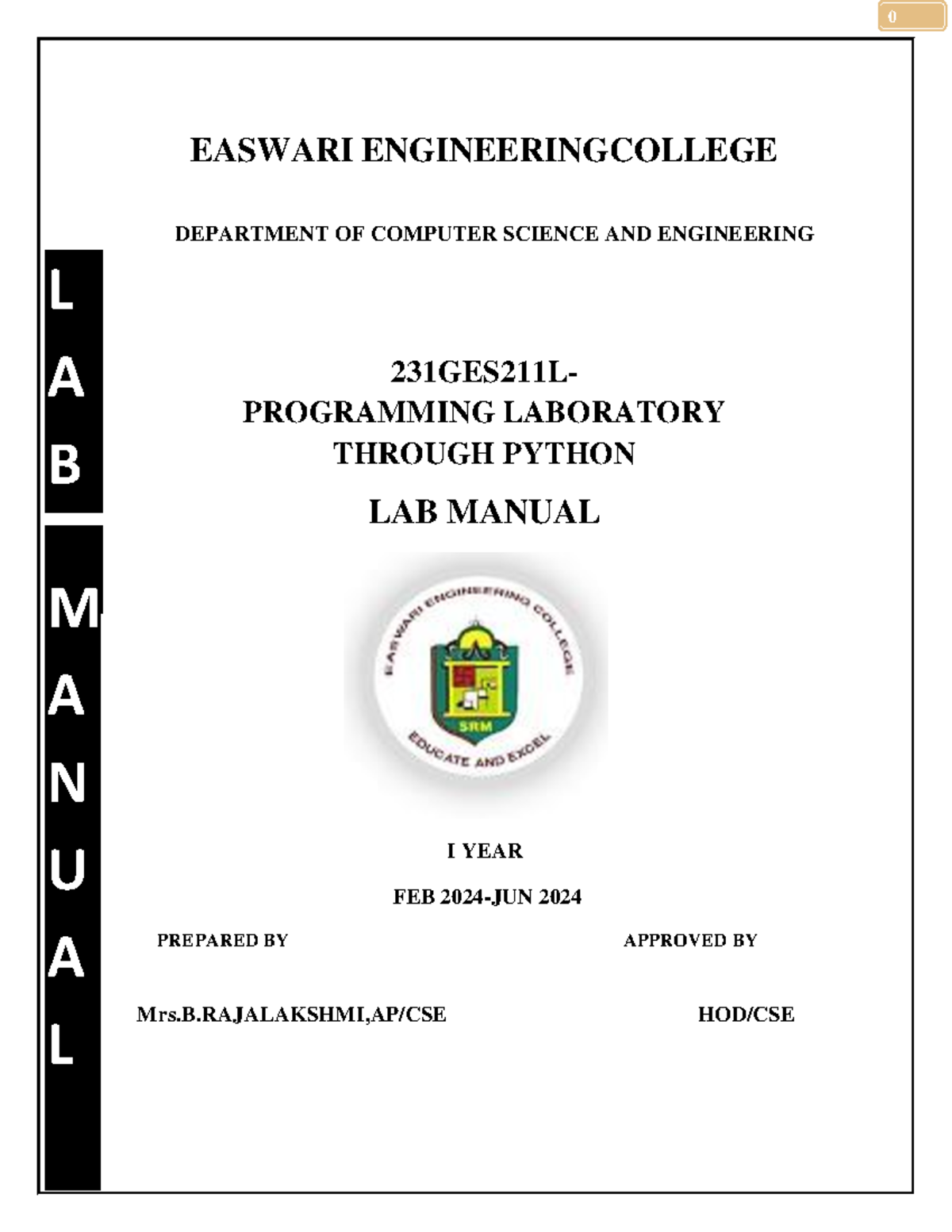 231GES211L-PSPP Lab Manual-2023R - EASWARI ENGINEERINGCOLLEGE DEPARTMENT OF COMPUTER SCIENCE AND ...
