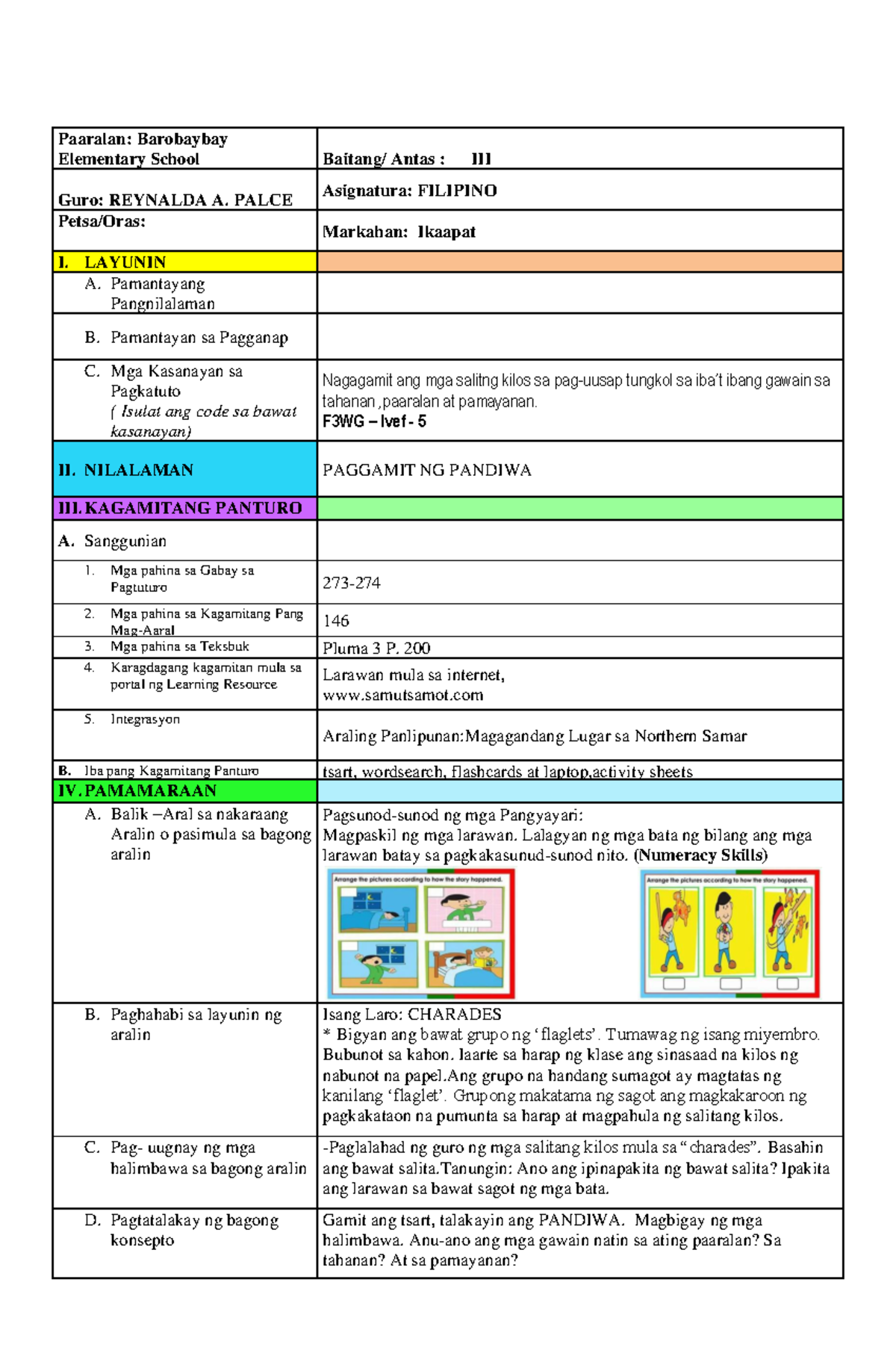 Grade 3 COT Filipino Pandiwa Q4 - Paaralan: Barobaybay Elementary School Baitang/ Antas : III ...