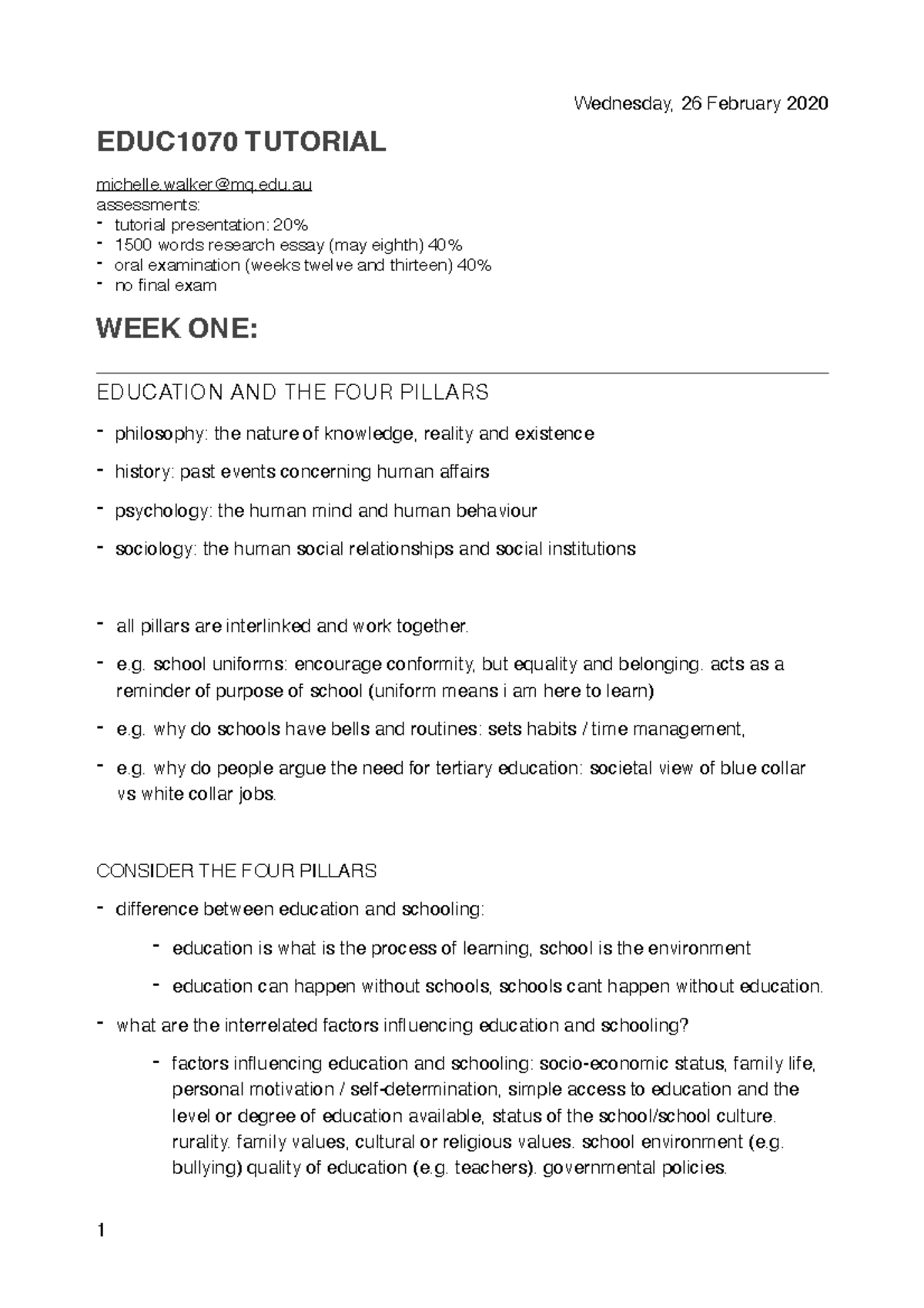 EDUC1070 Tutorial Notes: Weeks 1&2 - EDUC1070 TUTORIAL michelle@mq.edu ...