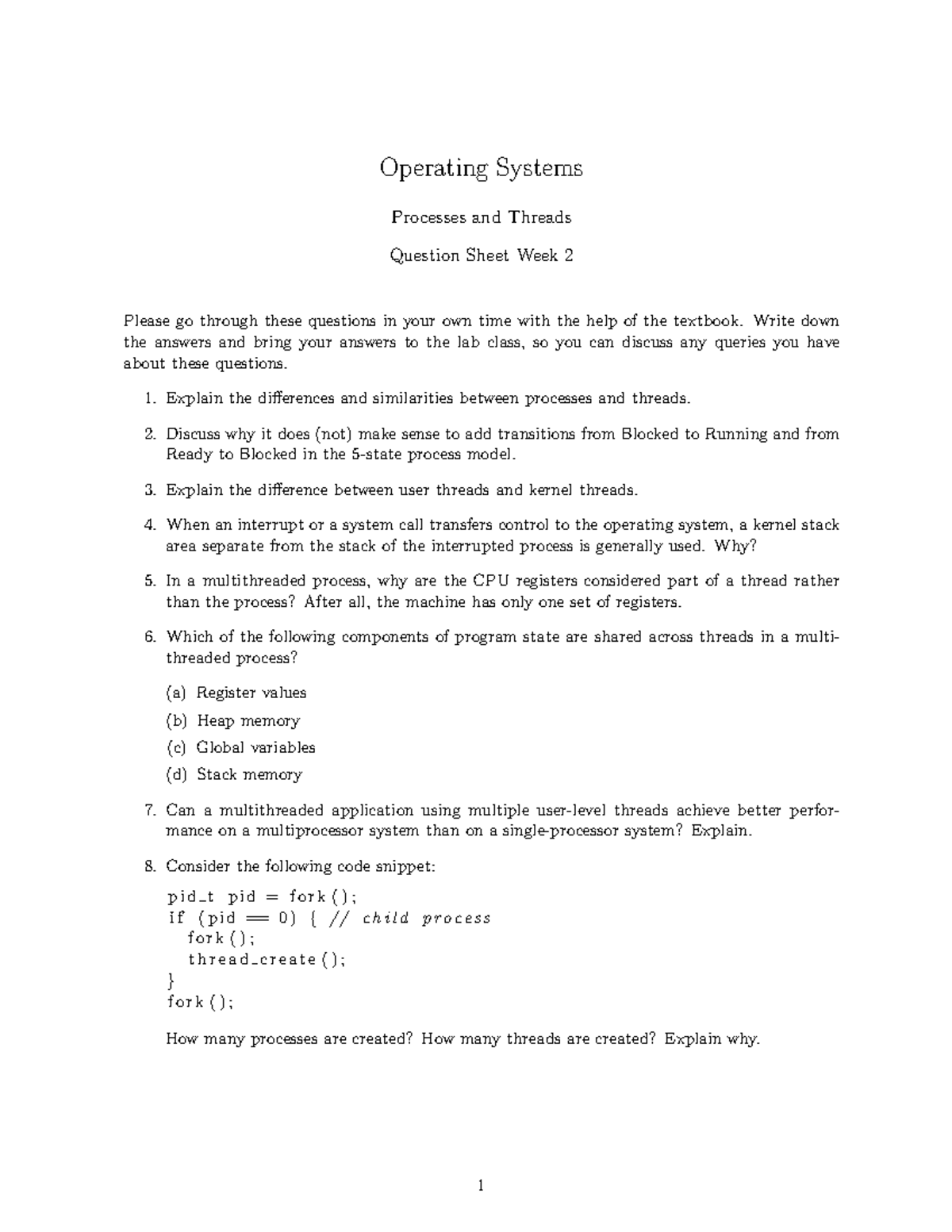Question set 2 - qs - Operating Systems Processes and Threads Question ...