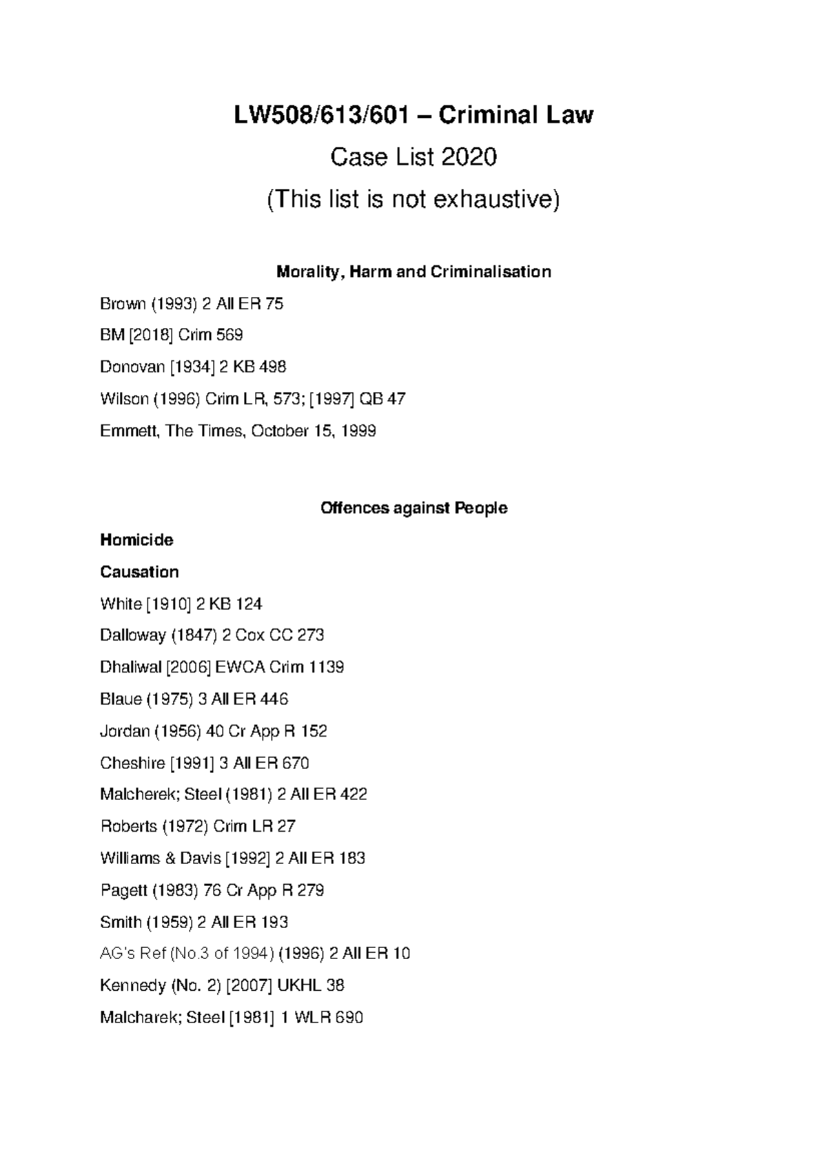 LW508 case list - Case List - LW508/613/601 – Criminal Law (This list ...