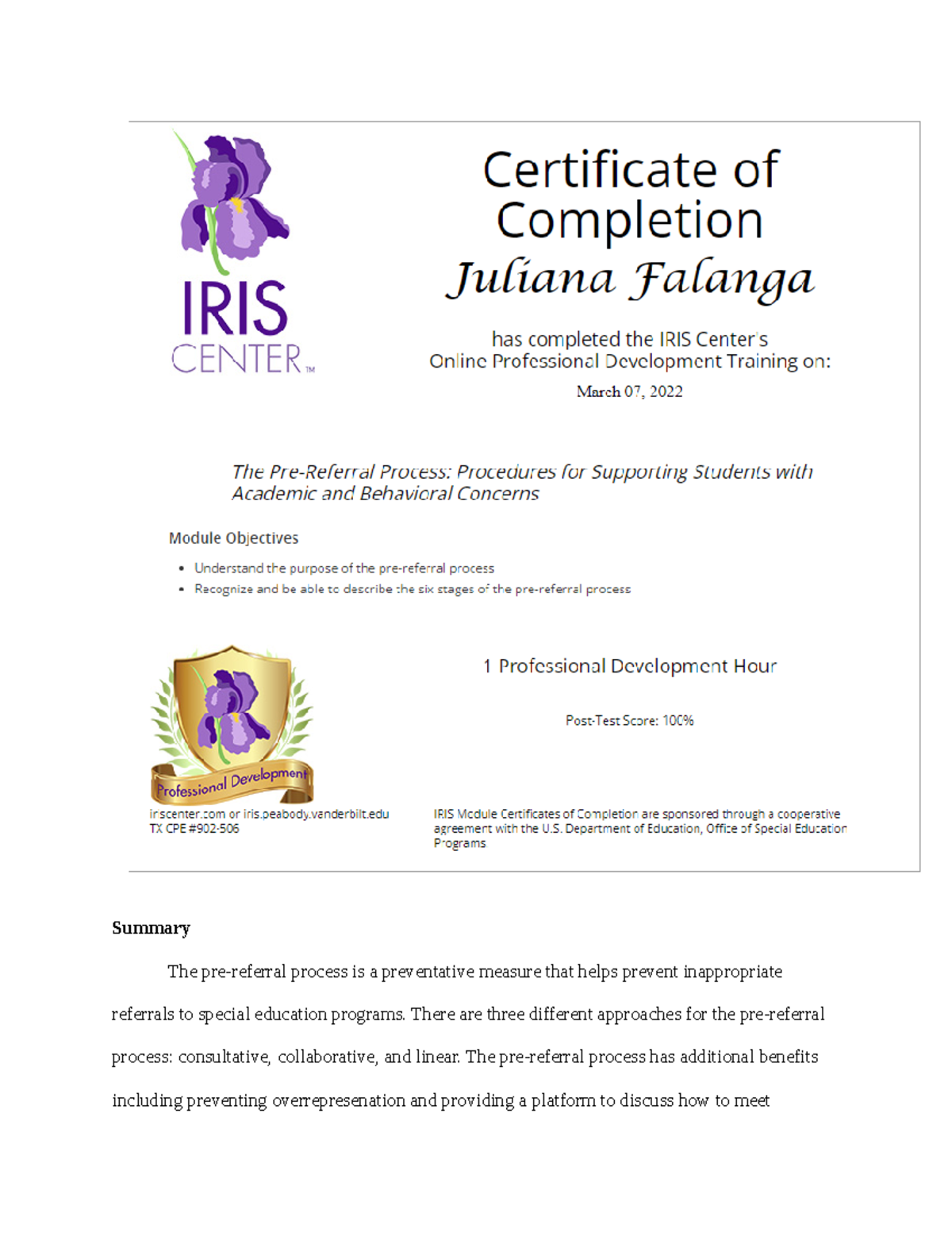 JFalanga EDSP 3612 IRIS Center The Pre-Referral Process - Summary The ...