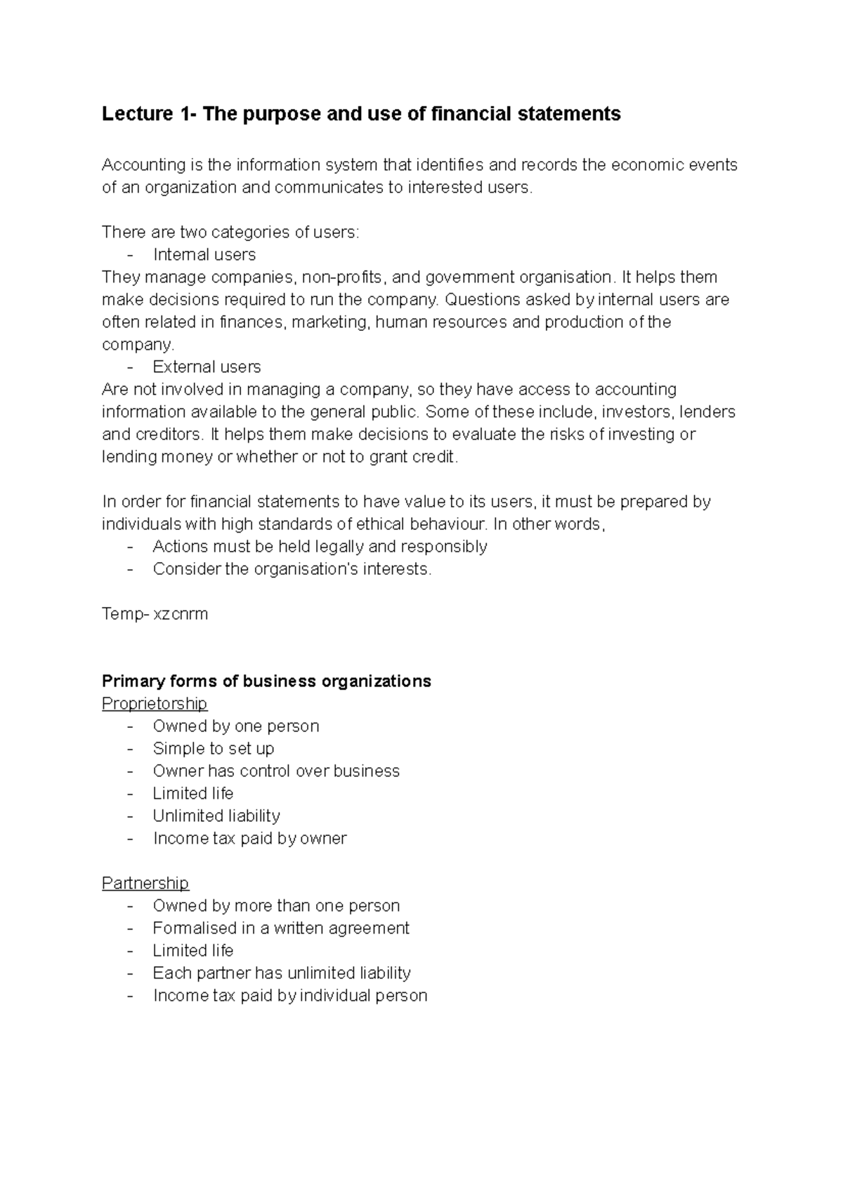 Week 1 notes: Chapter 1- The purpose and Use of Financial Statements ...