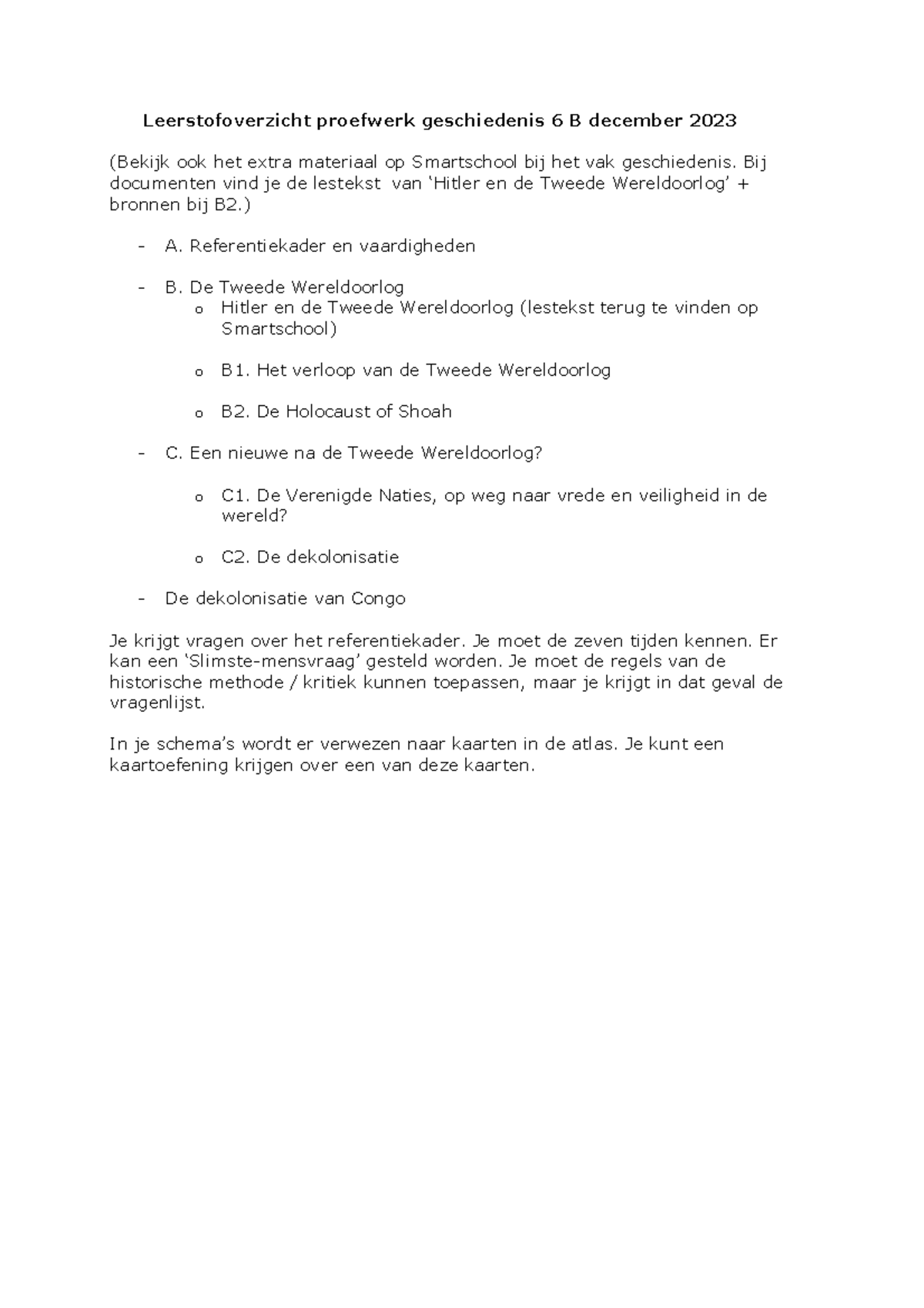 Leerstofoverzicht december 2023 6 B - Leerstofoverzicht proefwerk geschiedenis 6 B december 2023 ...