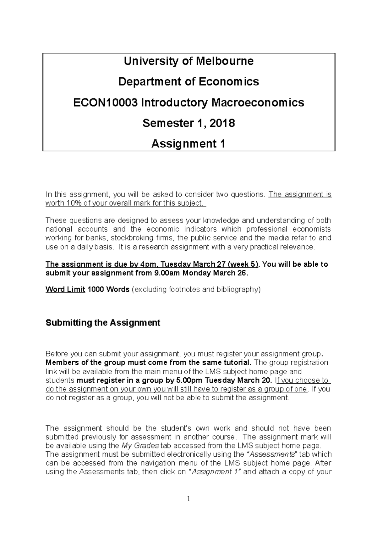 Assignment 1 2018 - University of Melbourne Department of Economics ECON10003 Introductory - Studocu