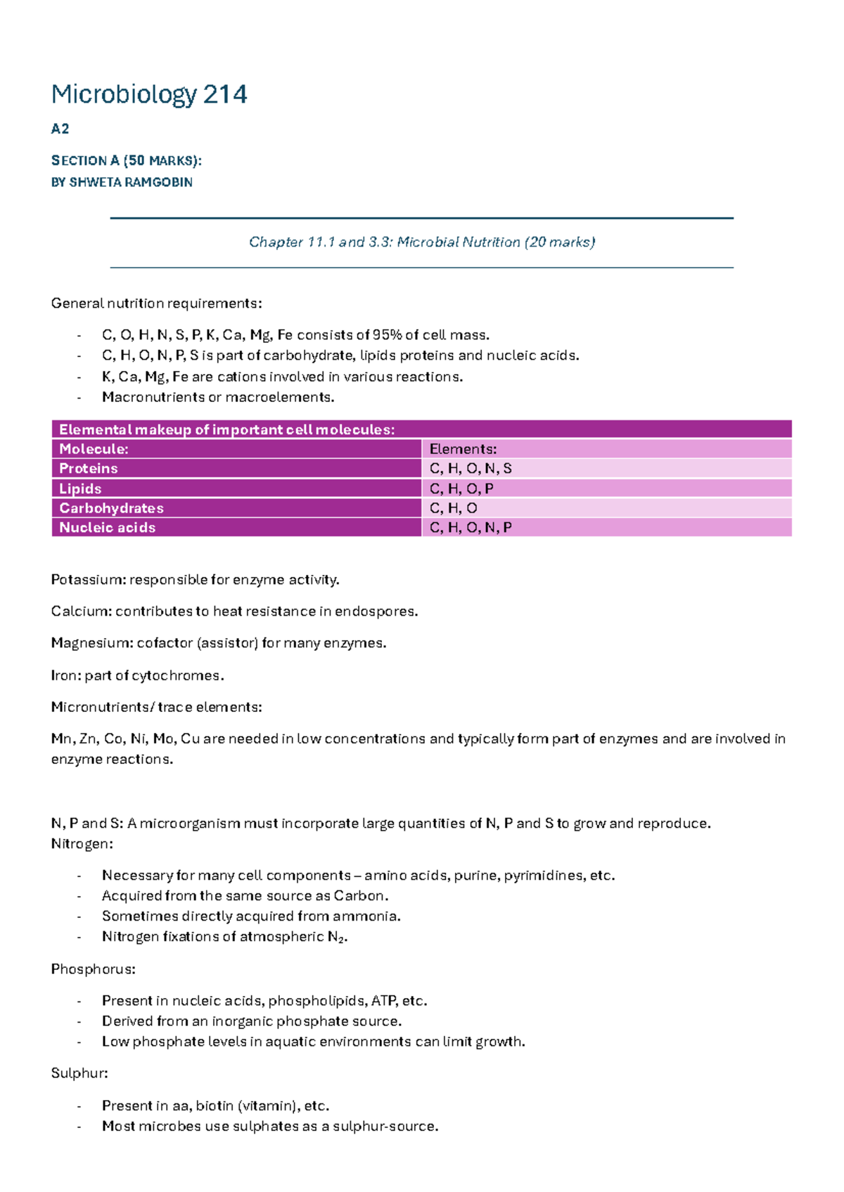 Microbiology 214 A2 notes - Microbiology 214 A SECTION A (50 MARKS): BY ...