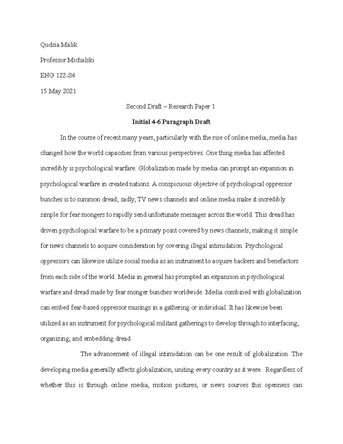 Second Draft – Research Paper 1 - Qudsia Malik Professor Michalski ENG ...