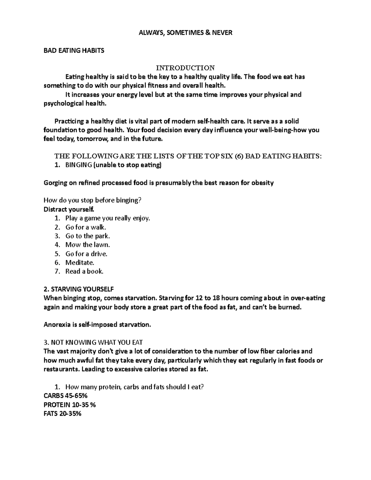 BAD Eating Habits - Lecture notes 1 - ALWAYS, SOMETIMES & NEVER BAD ...