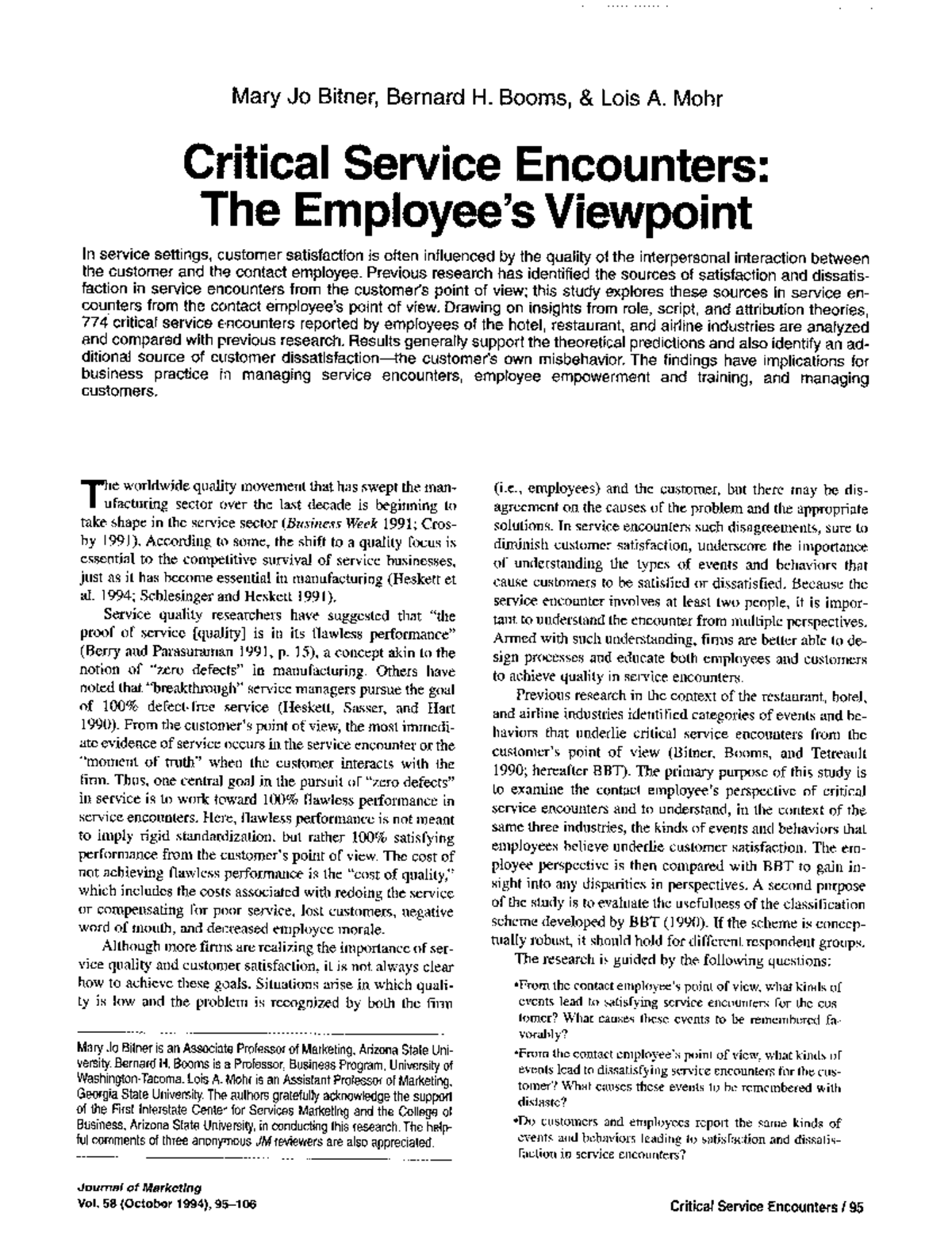 9410316036 - Notes - Mary Jo Bitner, Bernard H. Booms, Lois A. Mohr ...