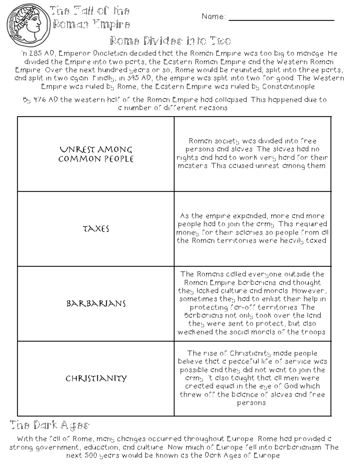 The Fall of the Roman Empire - Name: _______________________ The Fall ...