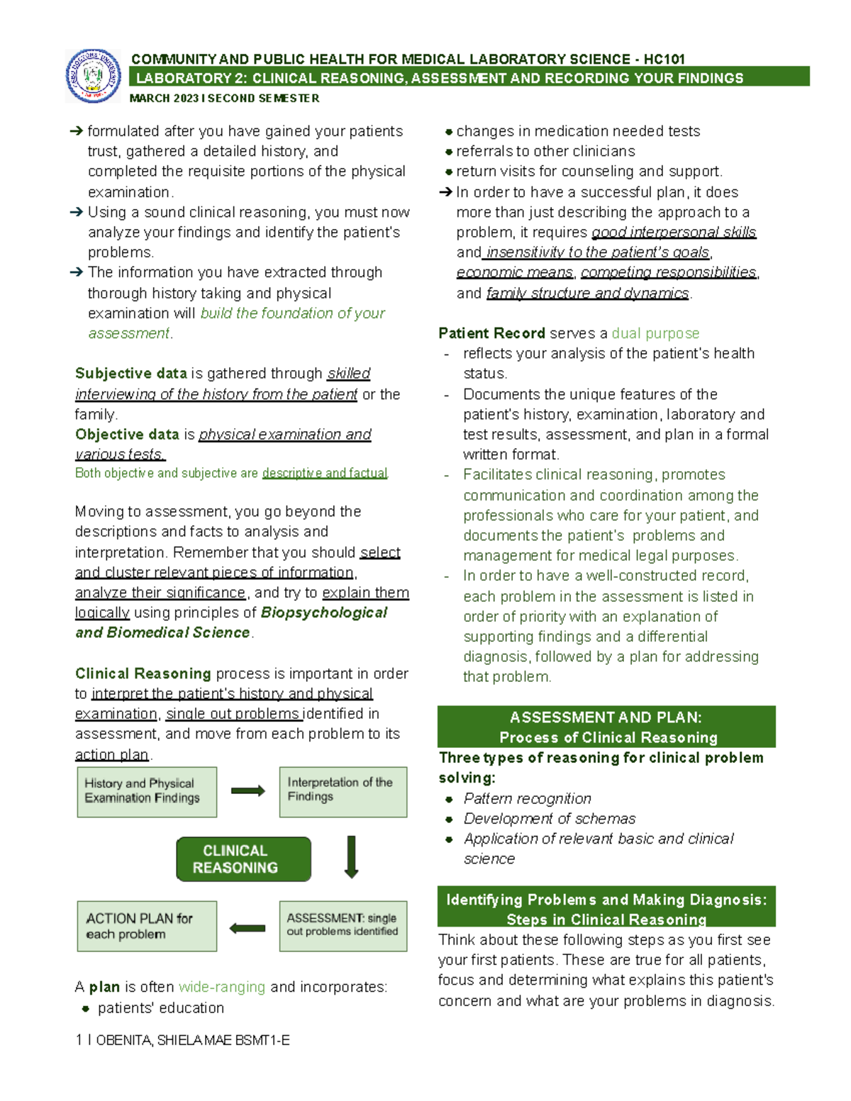 Laboratory 2 - Recording your findings - A LABORATORY 2: CLINICAL ...