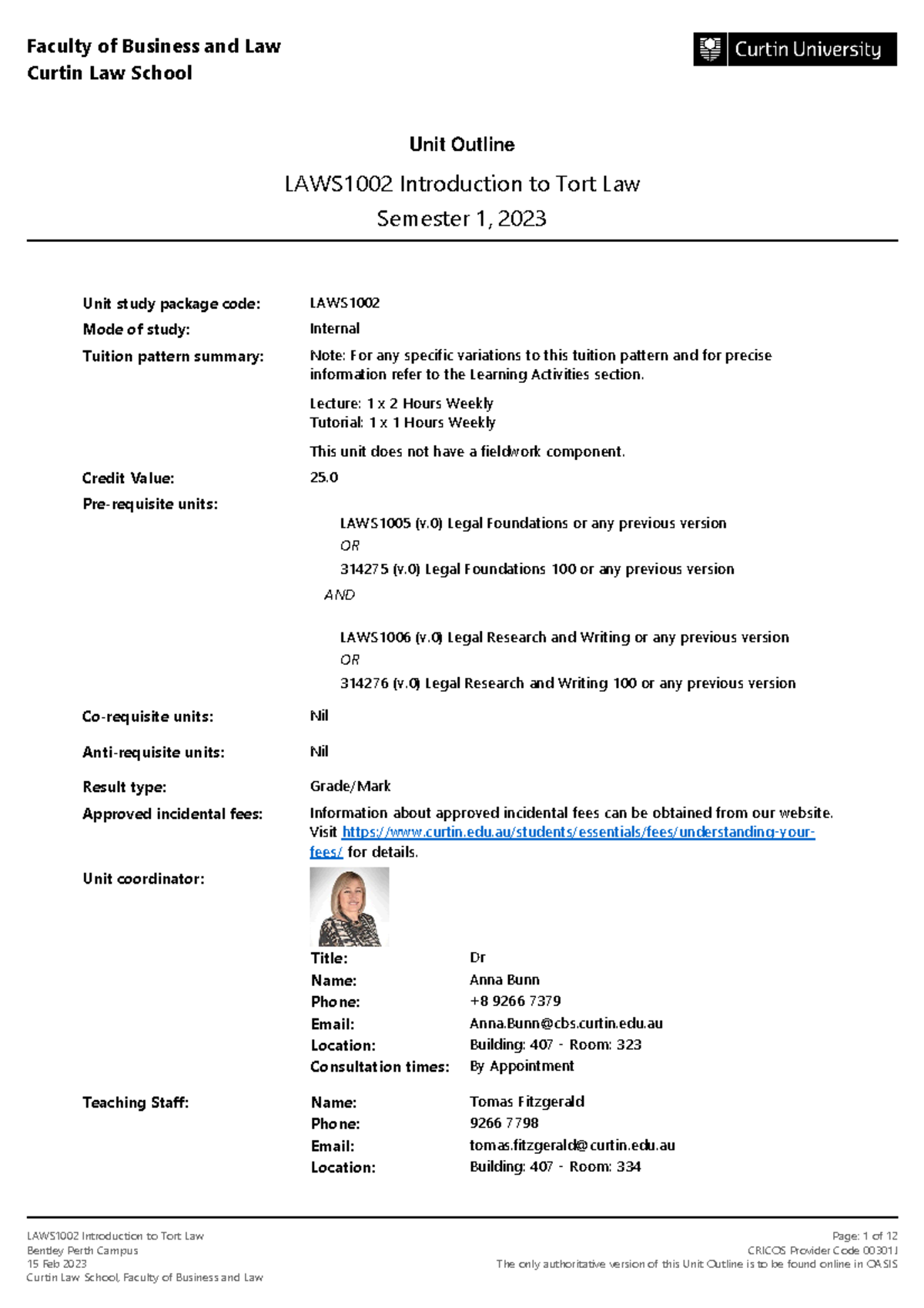 LAWS1002 Introduction to Tort Law Semester 1 2023 Bentley Perth Campus ...