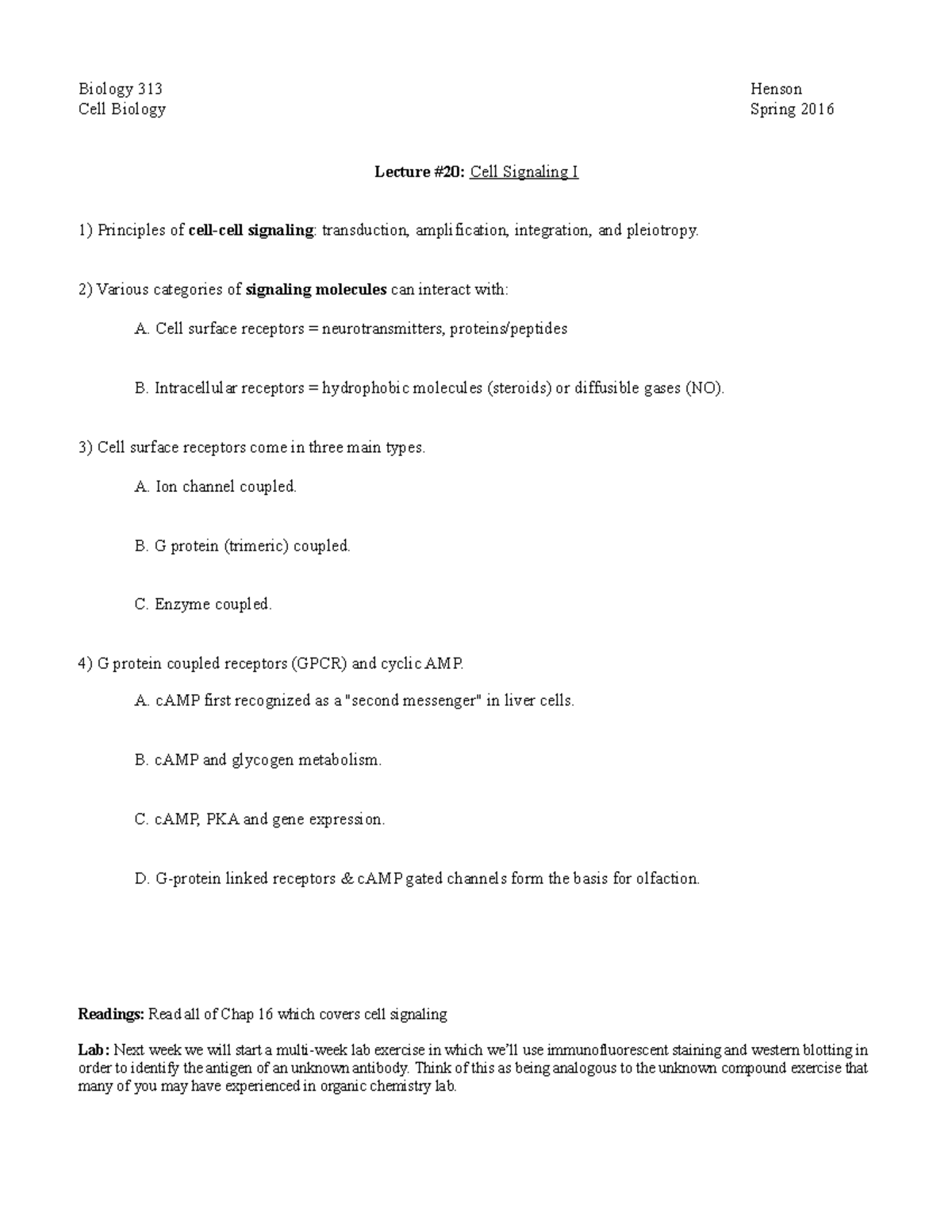 Lec 20 Cell Signaling 1 - Biology 313 Cell Biology Henson Spring 2016 ...