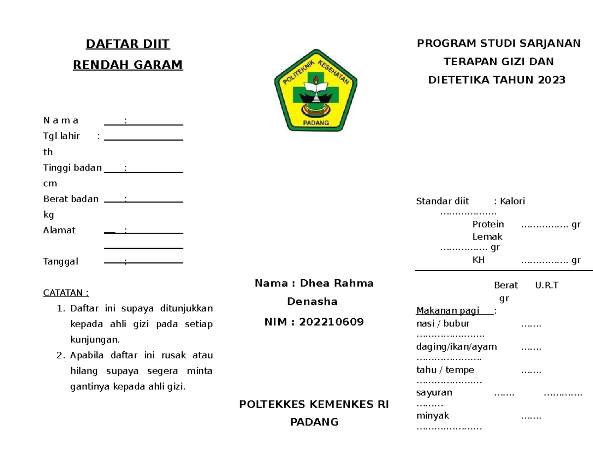 Leaflet Rendah Garam - jd,bvlwk - DAFTAR DIIT RENDAH GARAM N a m a ...