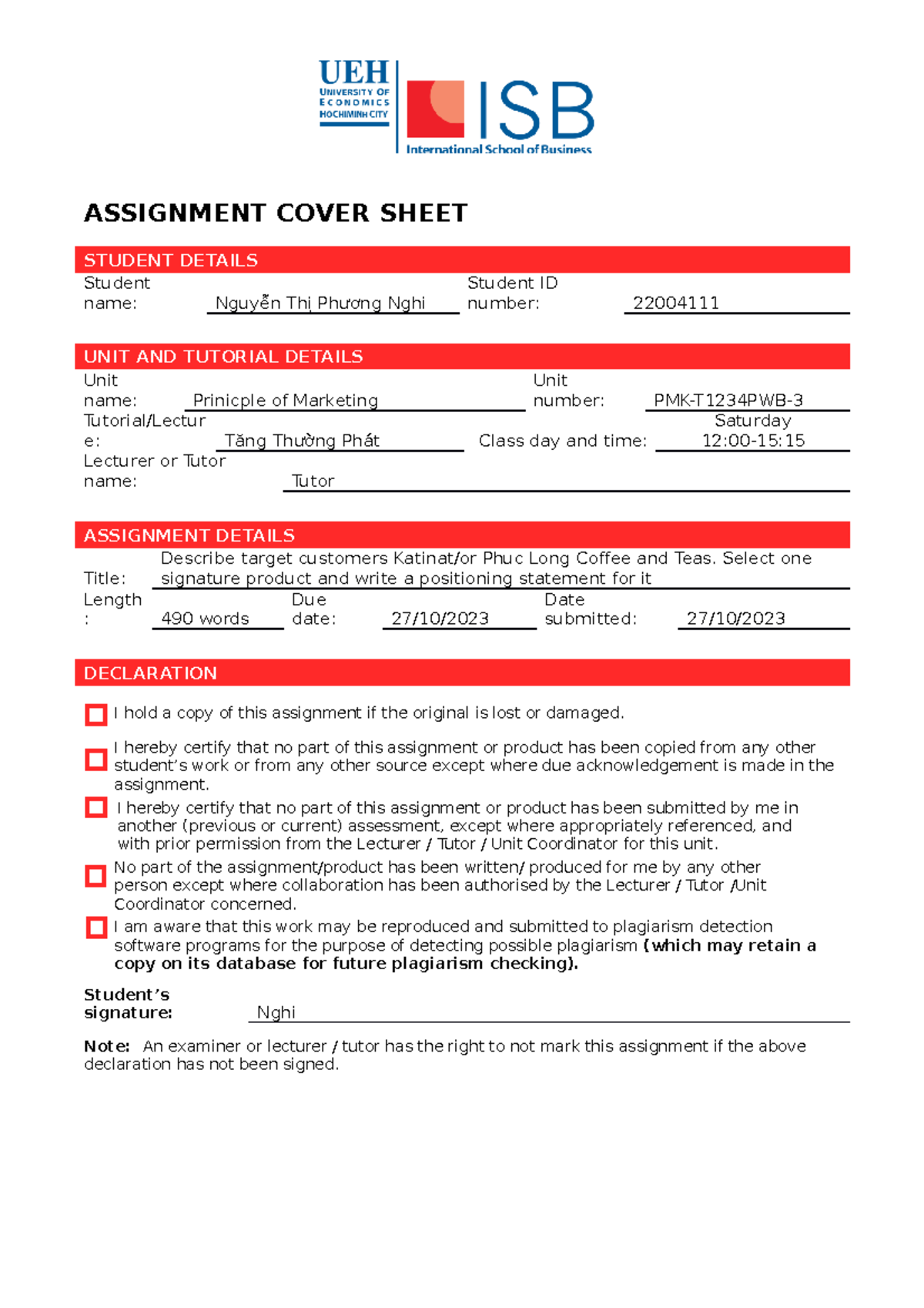 Reflection report - ASSIGNMENT COVER SHEET STUDENT DETAILS Student name ...