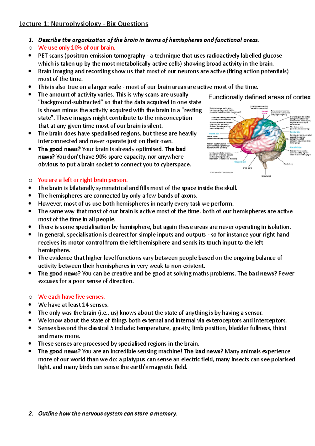 Neurophysology - Notes - Lecture 1: Neurophysiology - Big Questions ...