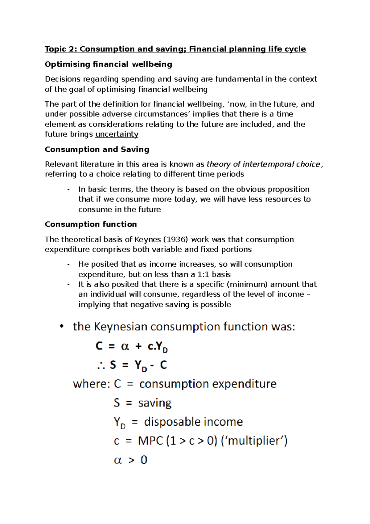 IPF Week 2 Notes - Topic 2: Consumption and saving; Financial planning ...