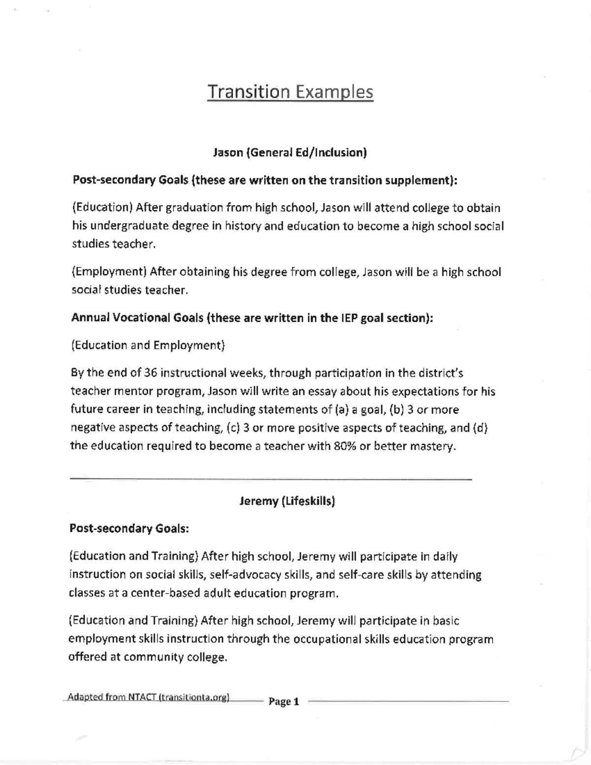 Transition goals examples - Transition Examples Jason (General Goals ...