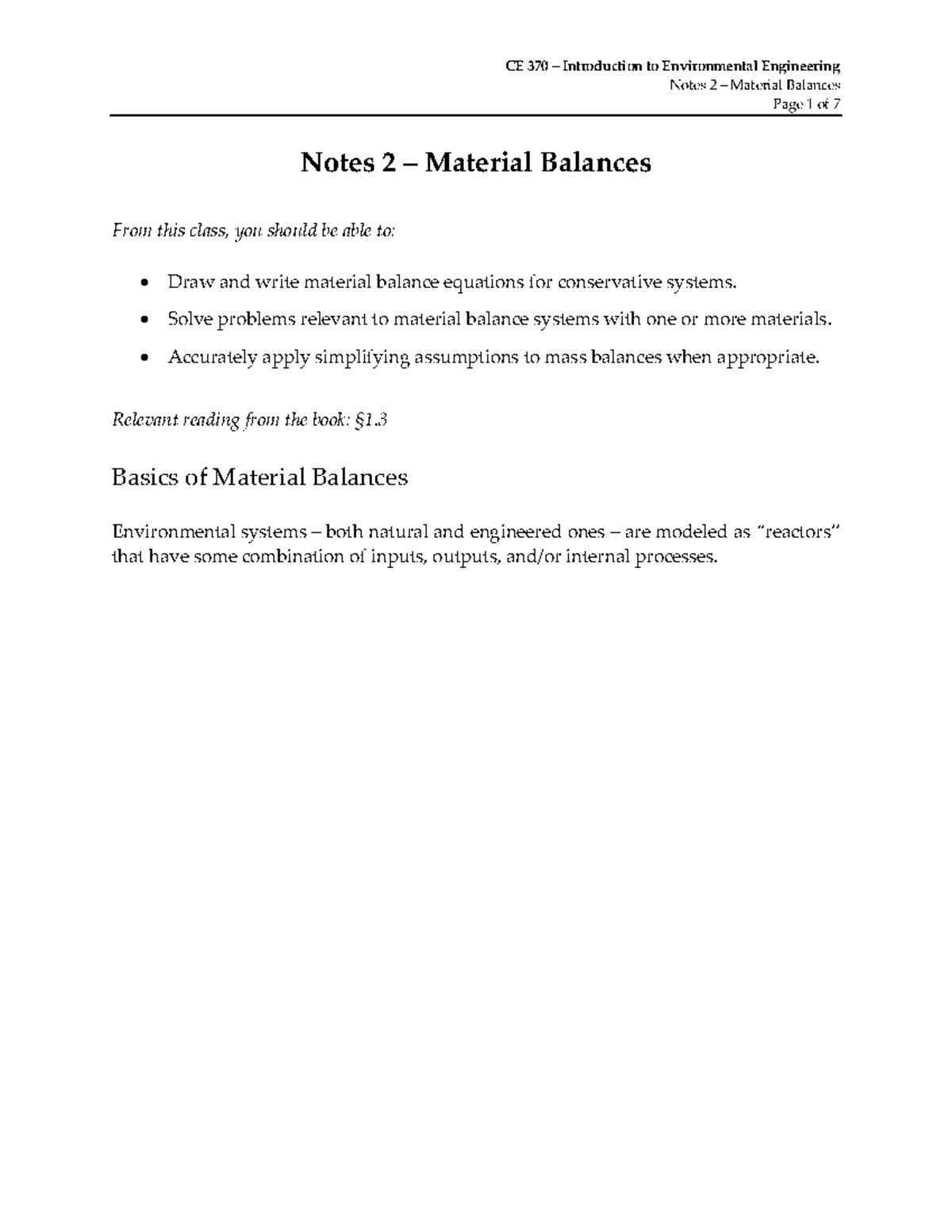 Notes 2 - Material Balances - Notes 2 – Material Balances Page 1 of 7 ...