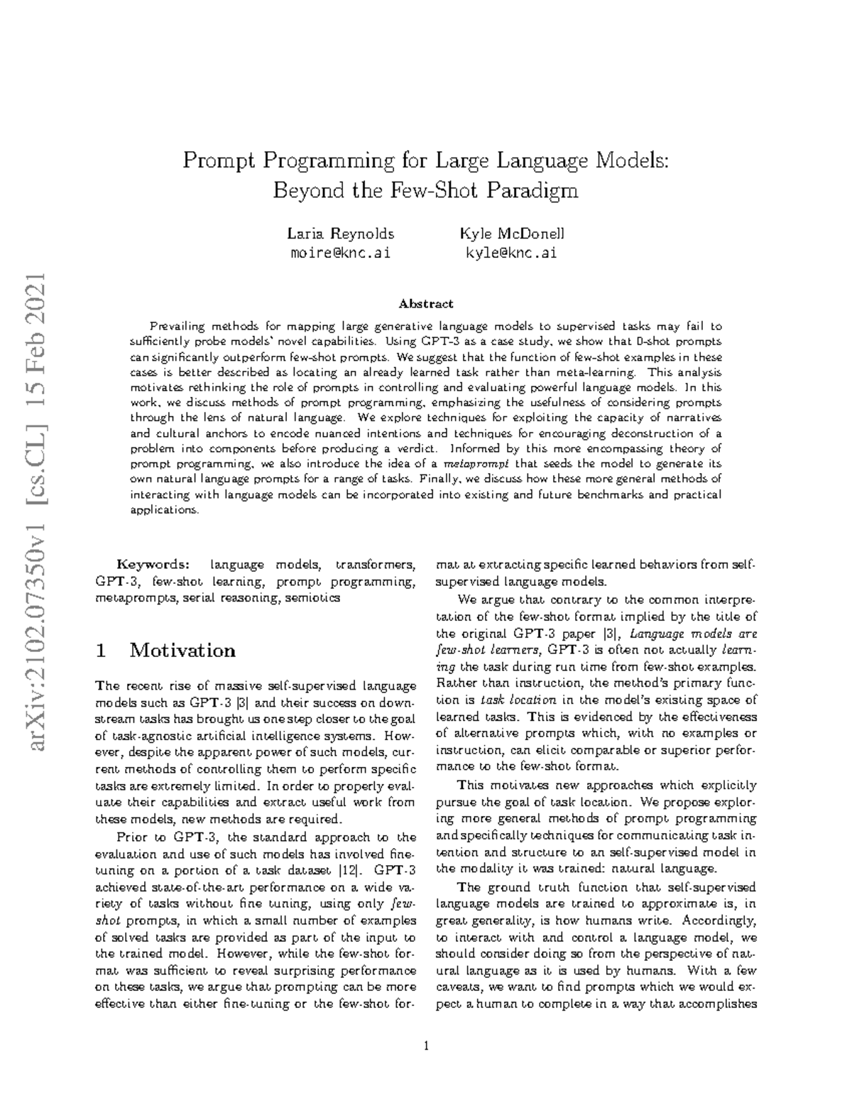 Prompt Programming For Large Language Models Beyond The Few Shot Paradigm Arxiv2102 Cs 15