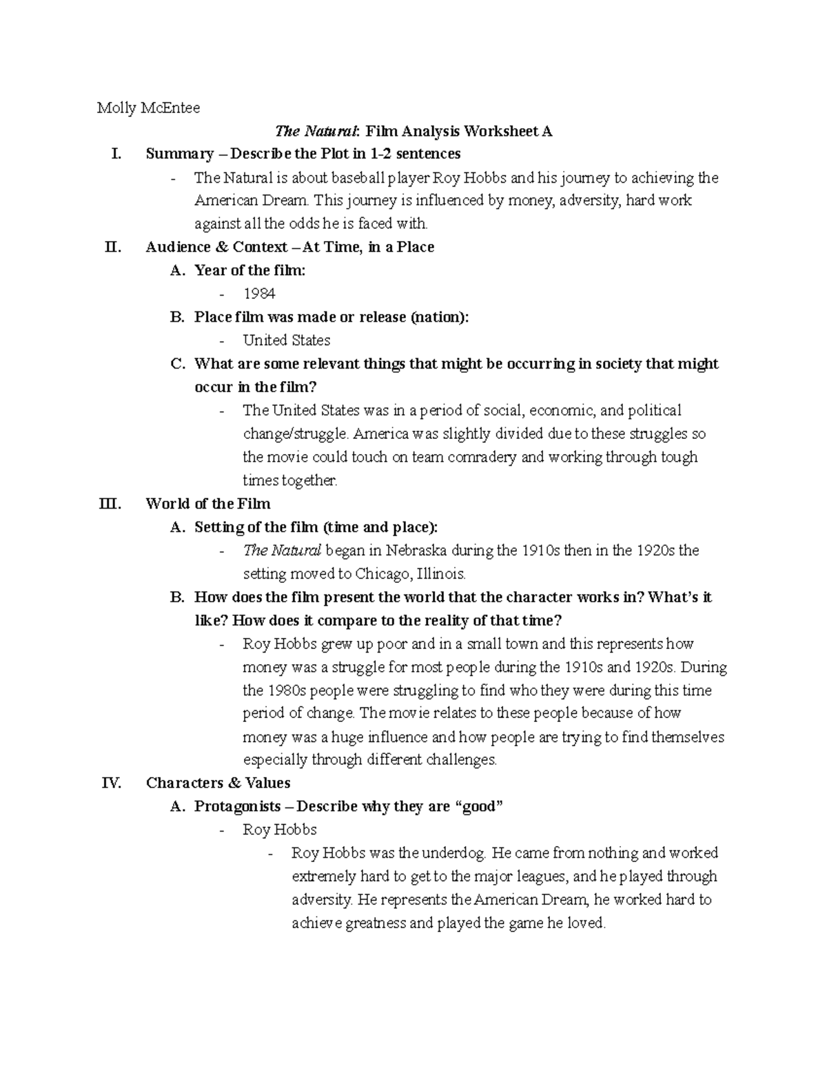 The Natural Film Analysis Worksheet A - Summary – Describe the Plot in ...