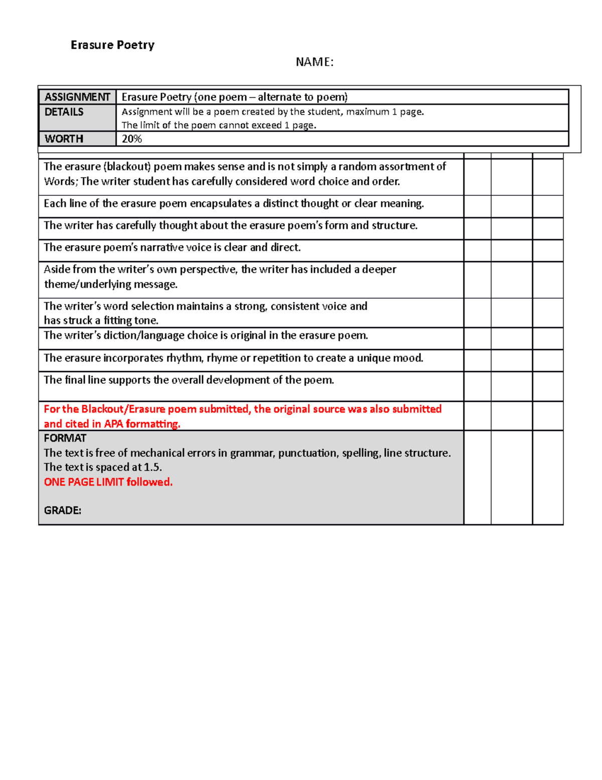 Assignment 2 Assessment Rubric Blackout Poetry - Erasure Poetry NAME ...
