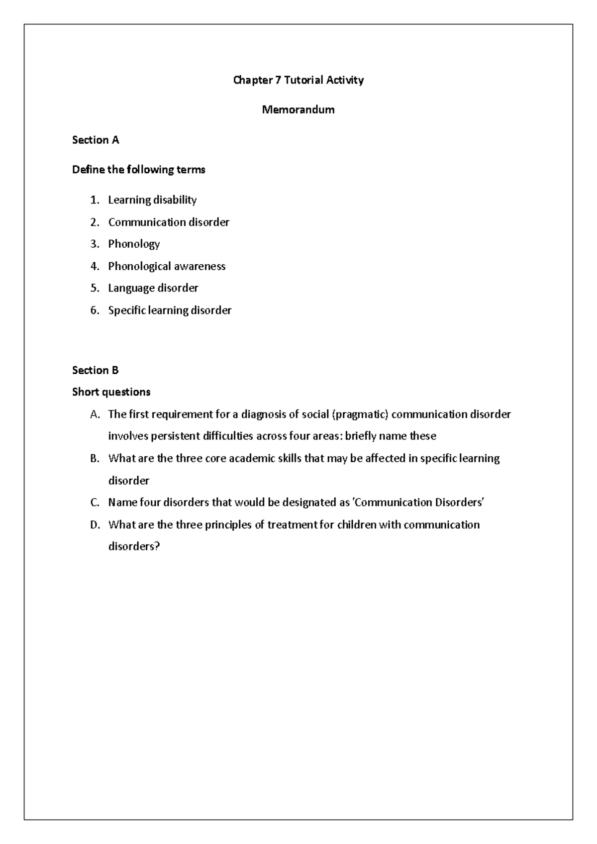 Chapter 7 Tutorial Activity child - Chapter 7 Tutorial Activity Memorandum Section A Define the ...