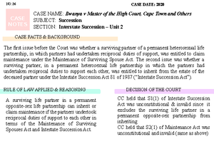 Casey v The Master Case Summary - HELD: Casey could not inherit from ...
