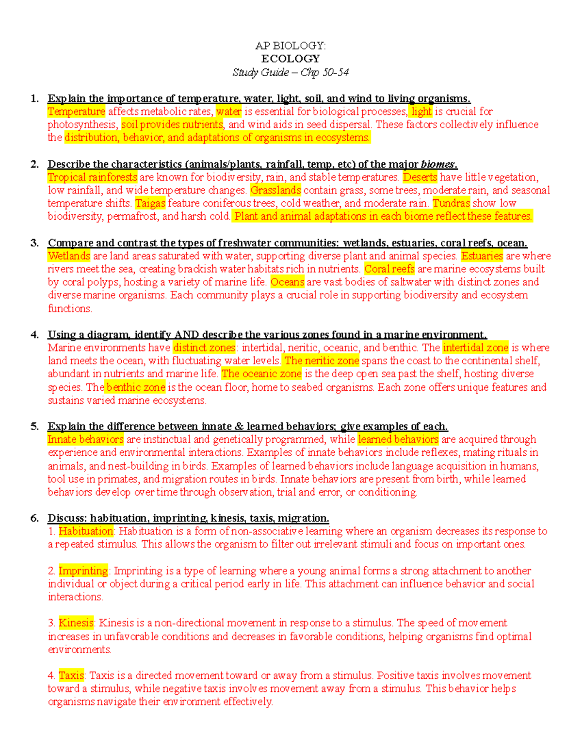 UNIT 7 Ecology Study Guide - AP BIOLOGY: ECOLOGY Study Guide – Chp 50 ...