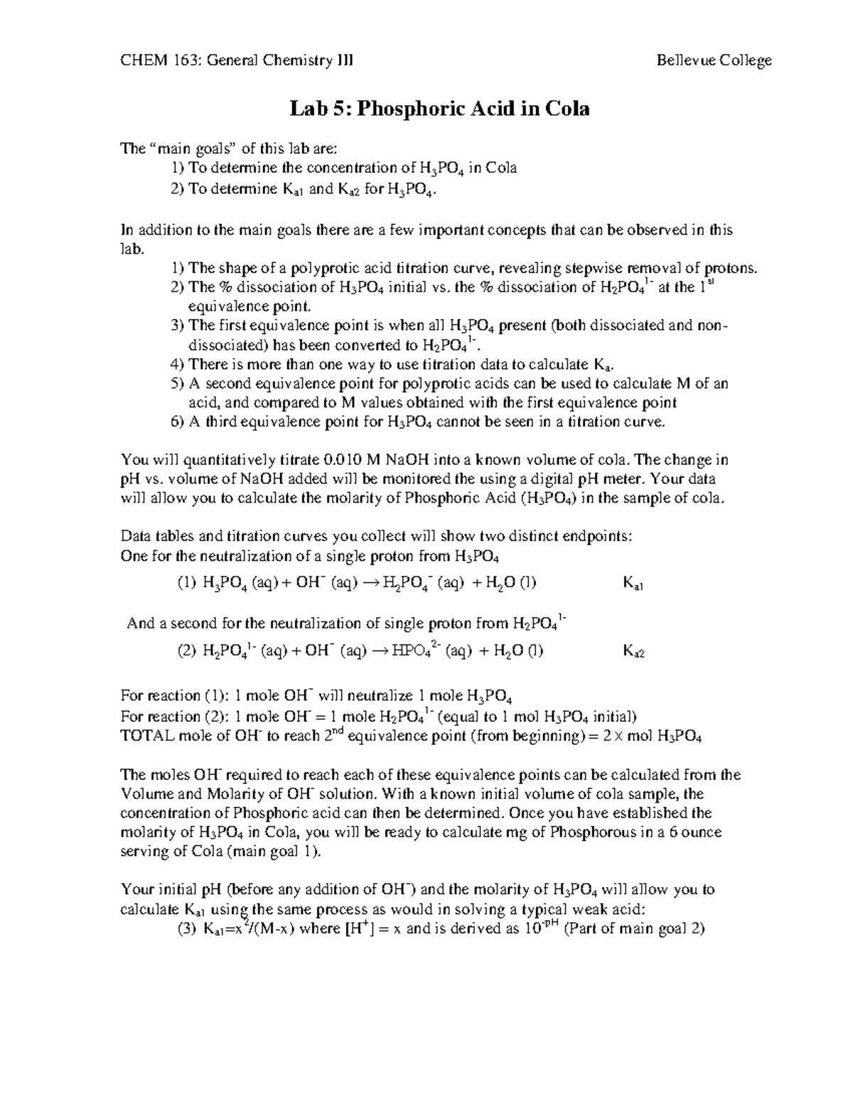 Lab 5 Cola p HTitration - lab report - Lab 5: Phosphoric Acid in Cola ...