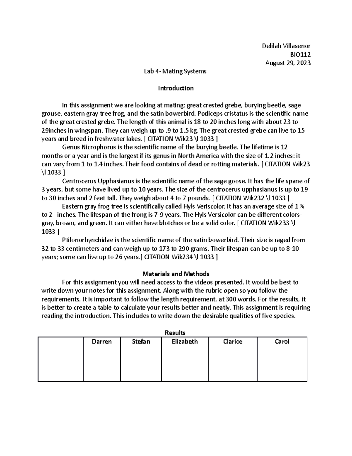 Lab 4 Mating Seasons - Delilah Villasenor BIO August 29, 2023 Lab 4 ...