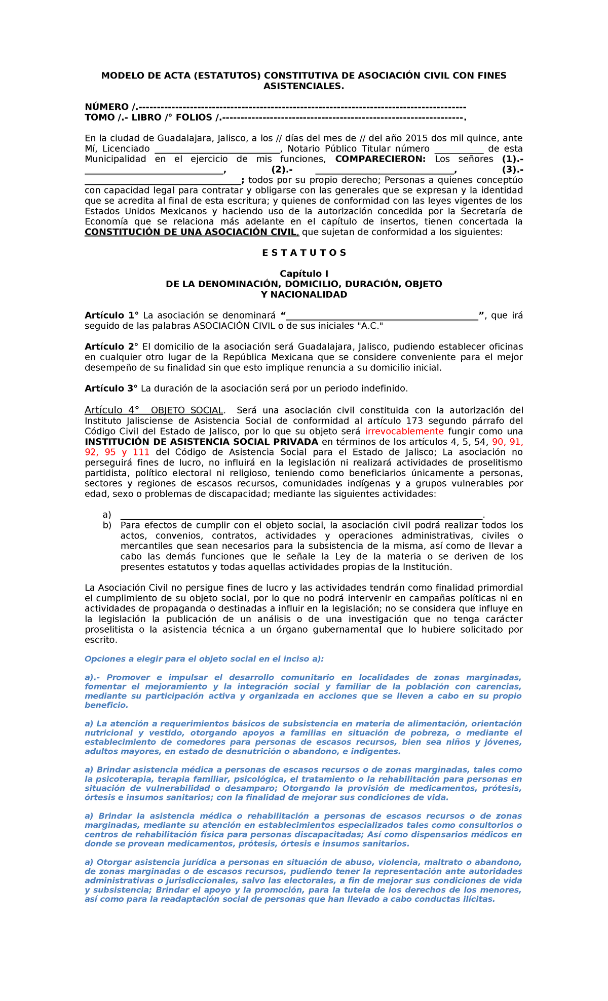 Modelo DE ACTA Constitutiva AC - MODELO DE ACTA (ESTATUTOS) CONSTITUTIVA DE ASOCIACIÓN CIVIL CON ...