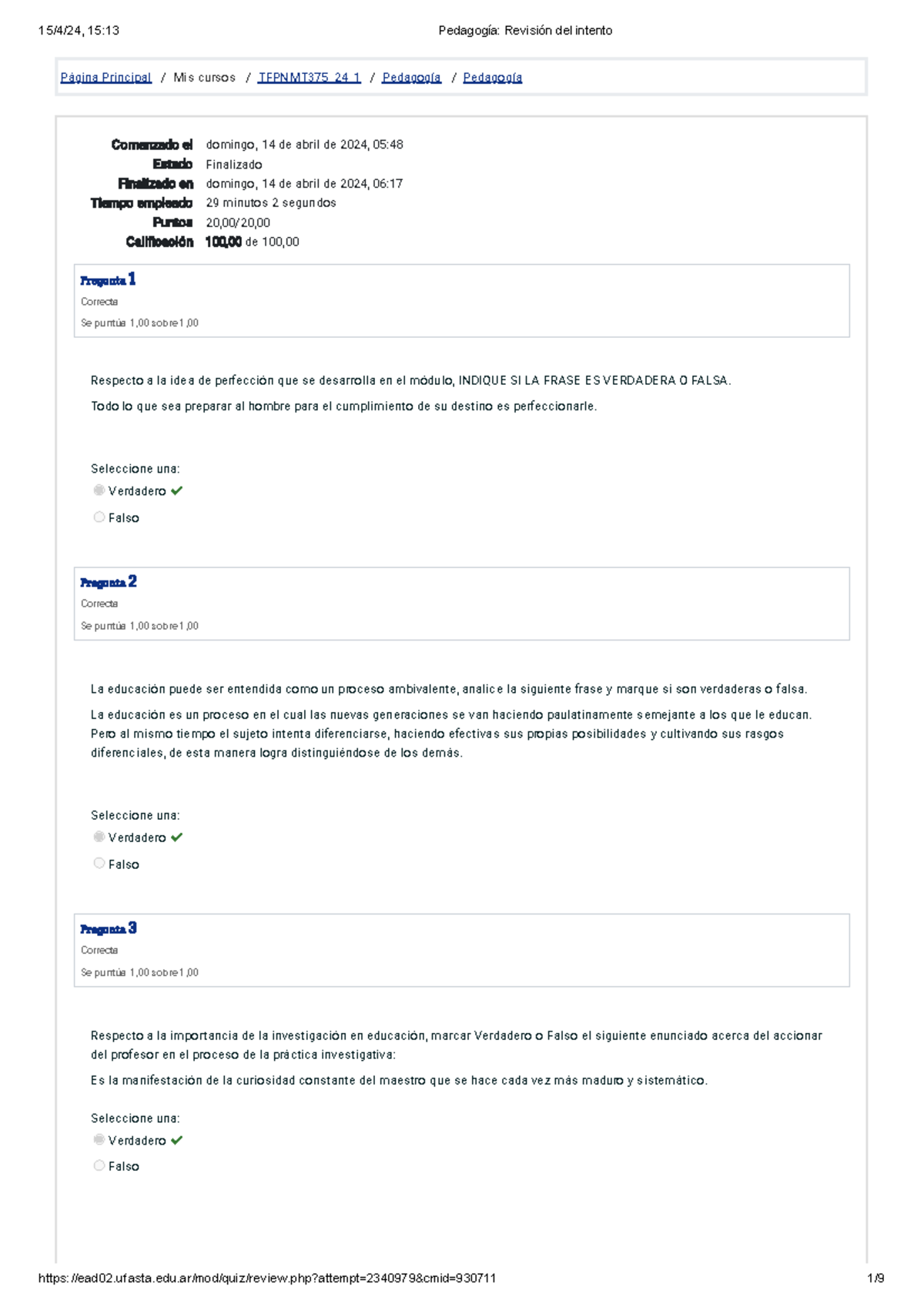 Pedagogía Revisión del intento 140424 Aprobado - Página Principal / Mis ...