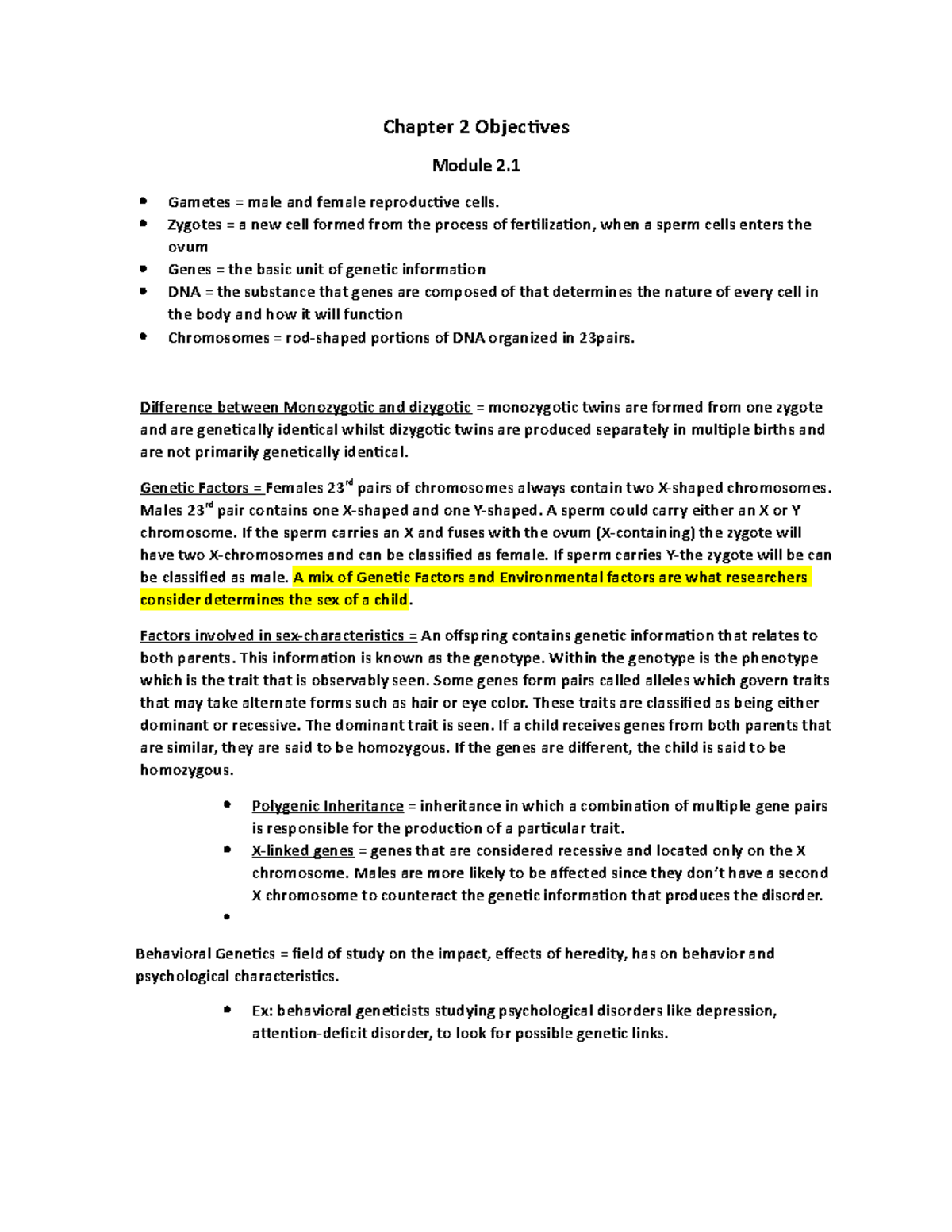 Chap 2 Objectives - Chapter 2 Objectives Module 2. Gametes = male and ...