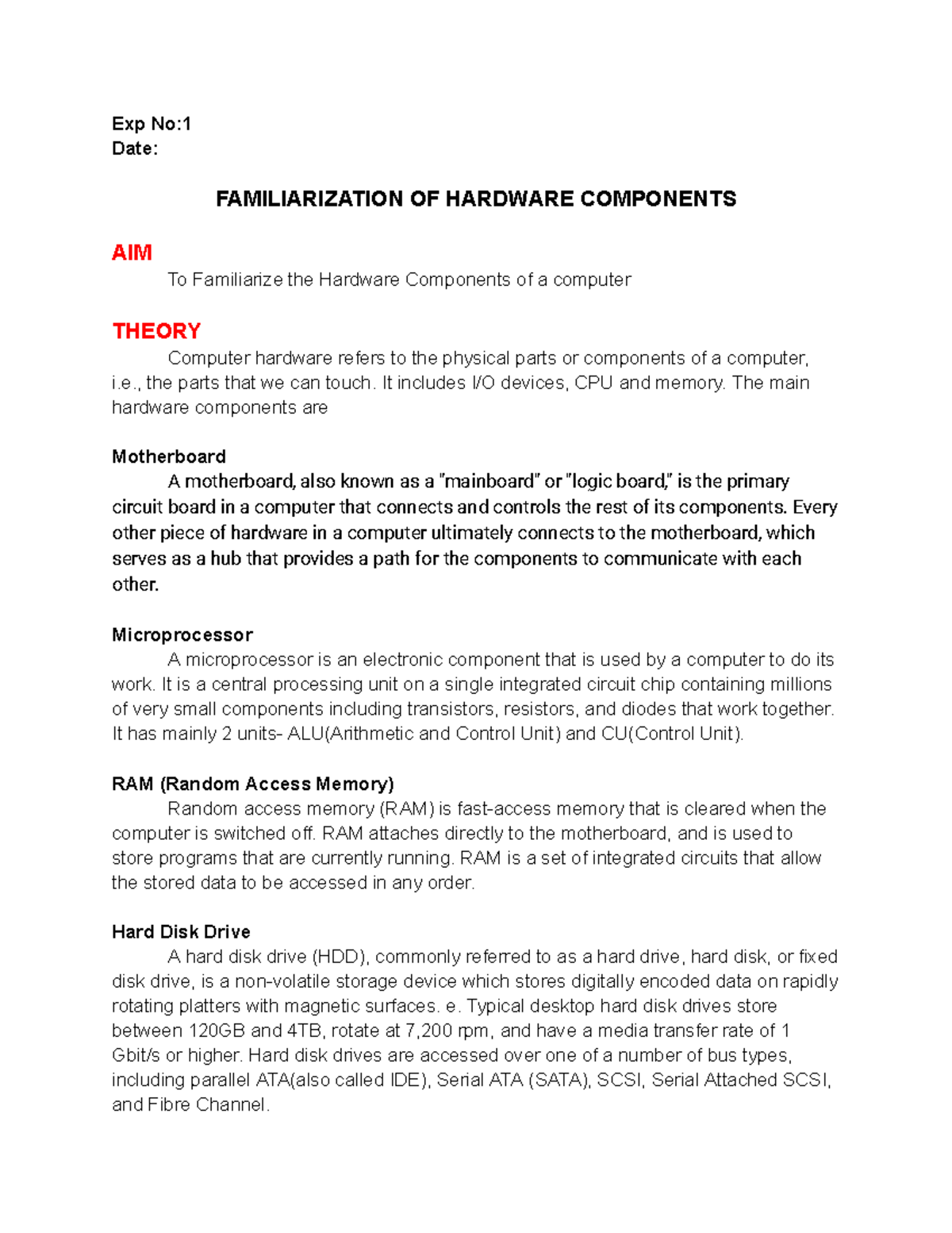 Exp 1 - c program hardware - Exp No: Date: FAMILIARIZATION OF HARDWARE ...
