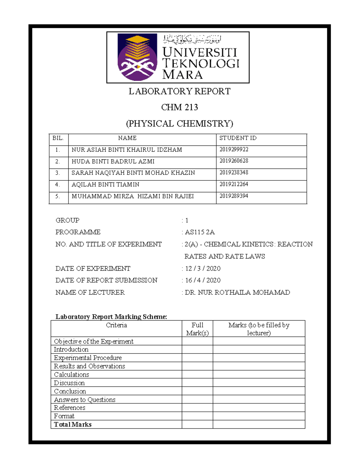 experiment 2 chm213 - LABORATORY REPORT CHM 213 (PHYSICAL CHEMISTRY ...