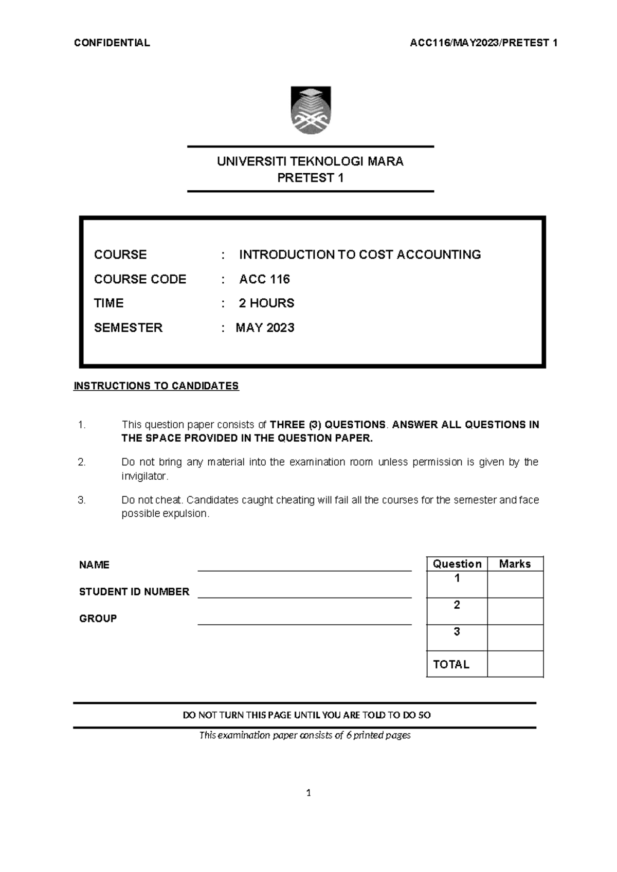 ACC116 PRE TEST 1 MAY 2023 - UNIVERSITI TEKNOLOGI MARA PRETEST 1 COURSE ...