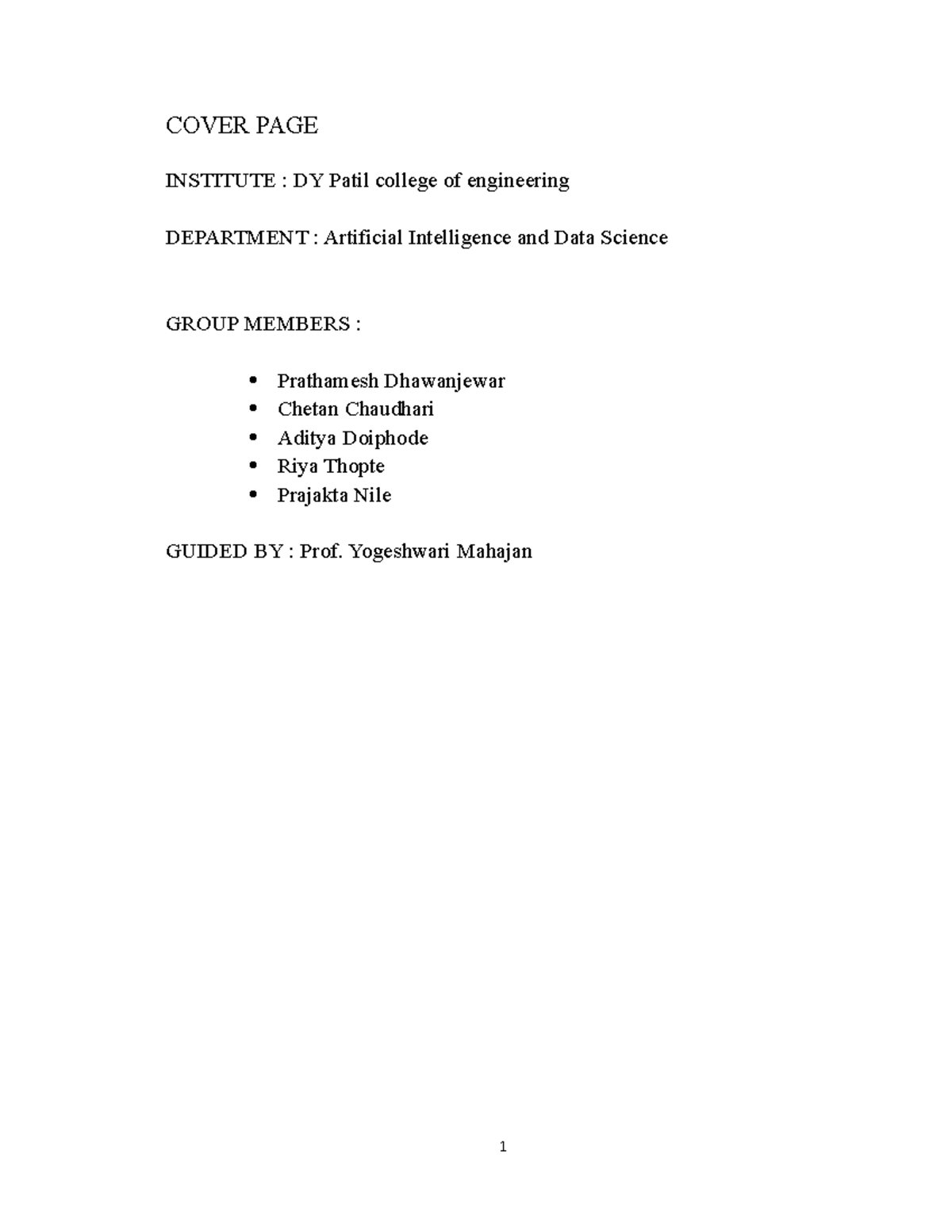 PBL Report - COVER PAGE INSTITUTE : DY Patil college of engineering ...