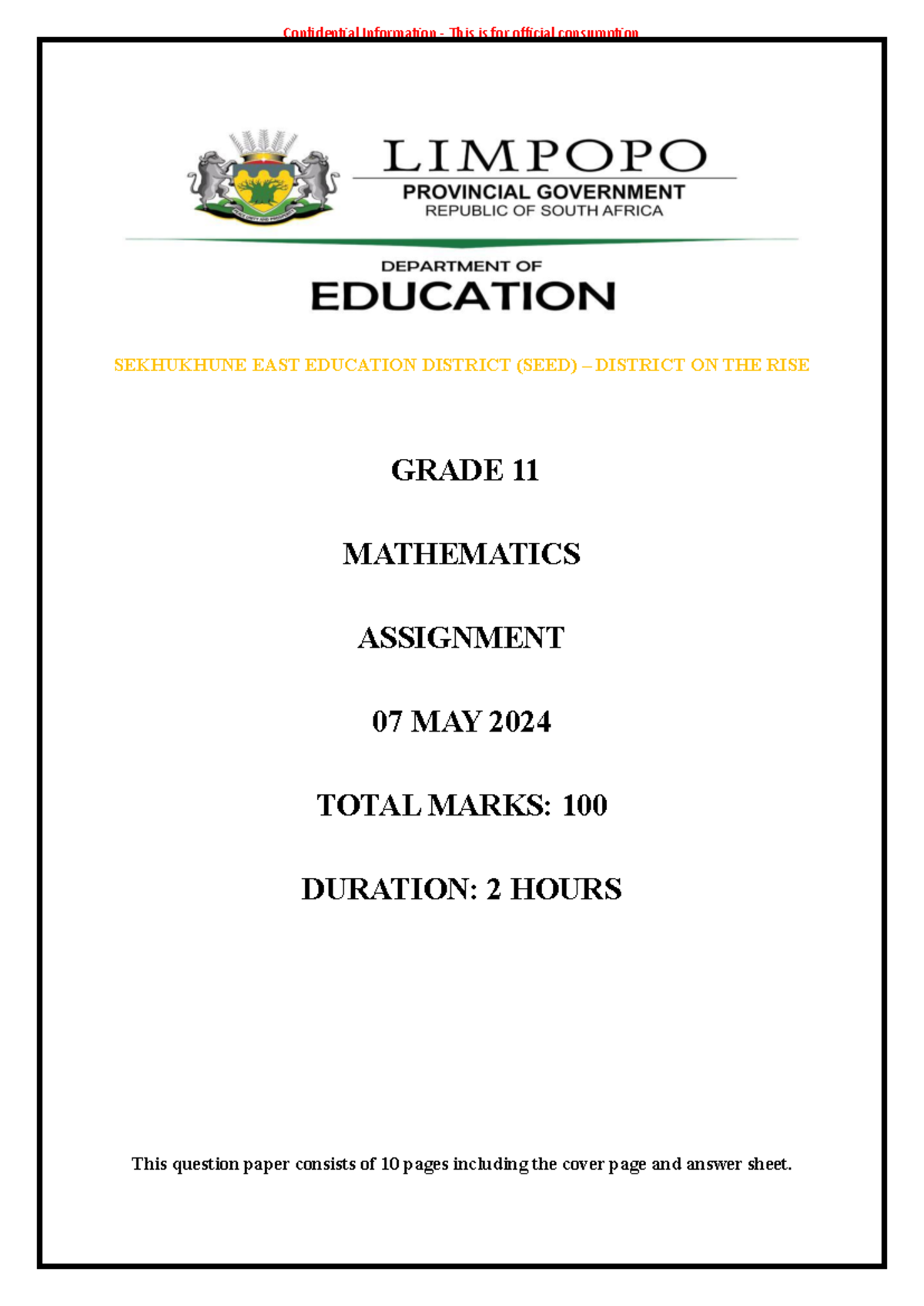 SEED MATH GR 11 Assignment 07 MAY 2024 - SEKHUKHUNE EAST EDUCATION ...
