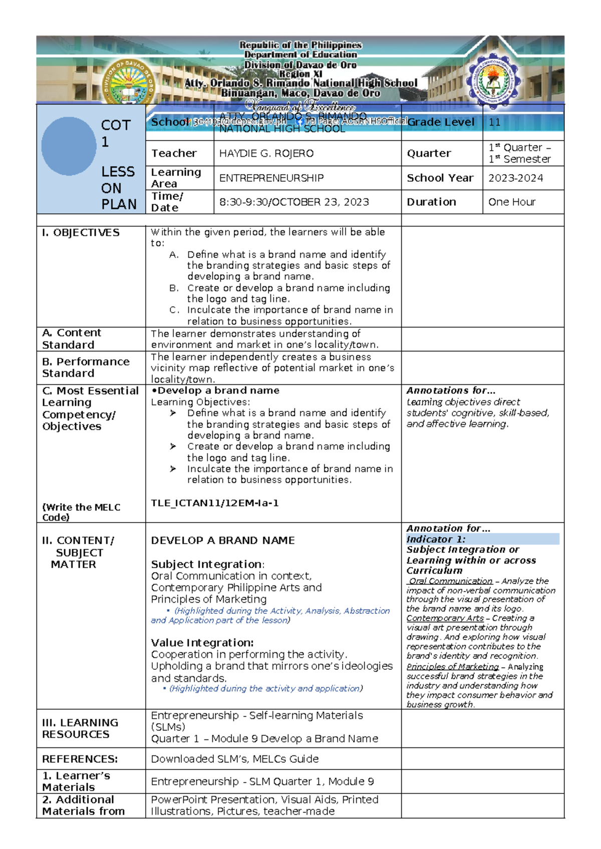 Entrep. 1st Quarter - S - COT - COT 1 LESS ON PLAN School ATTY. ORLANDO ...