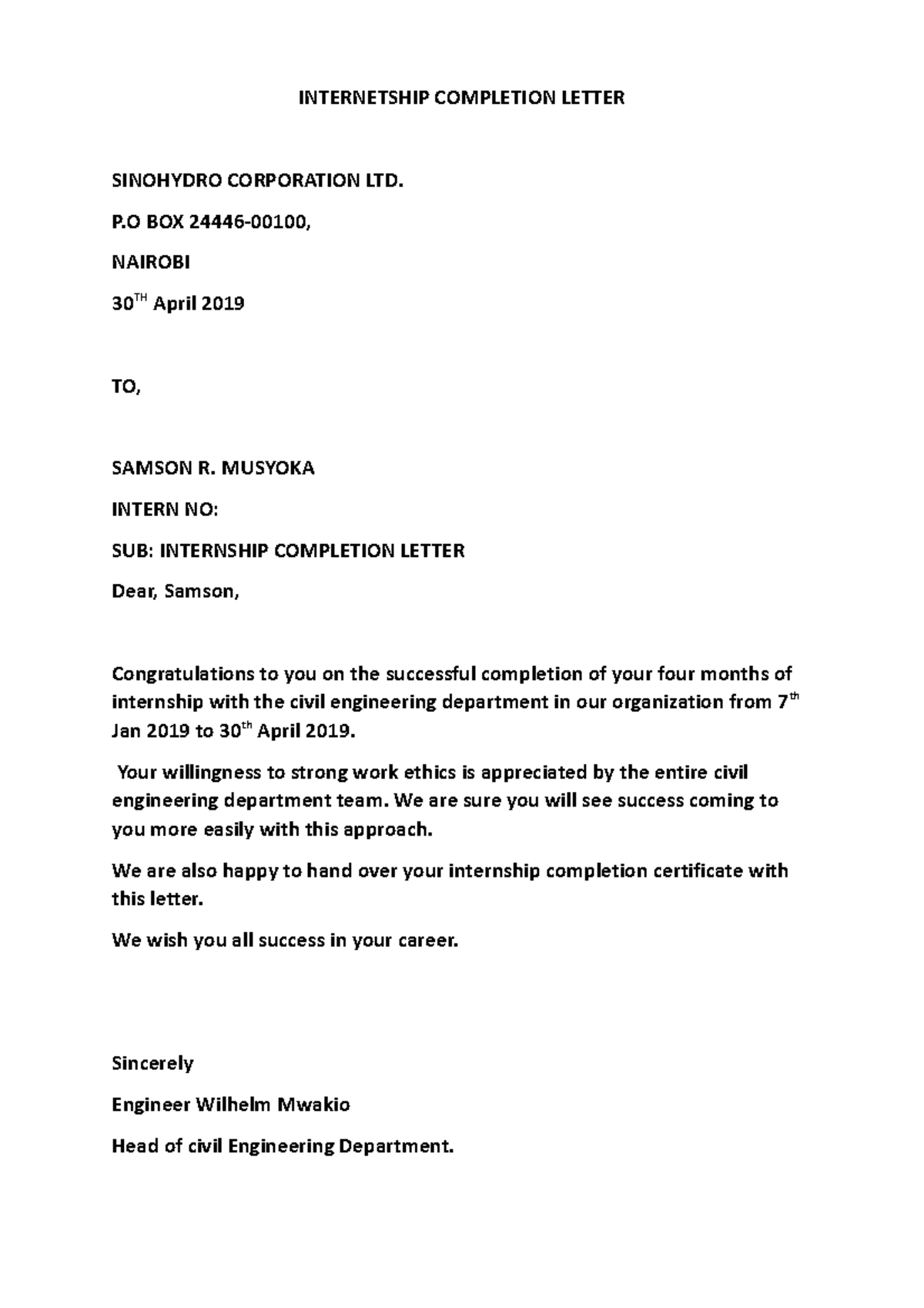 Internetship Completion Letter - INTERNETSHIP COMPLETION LETTER ...