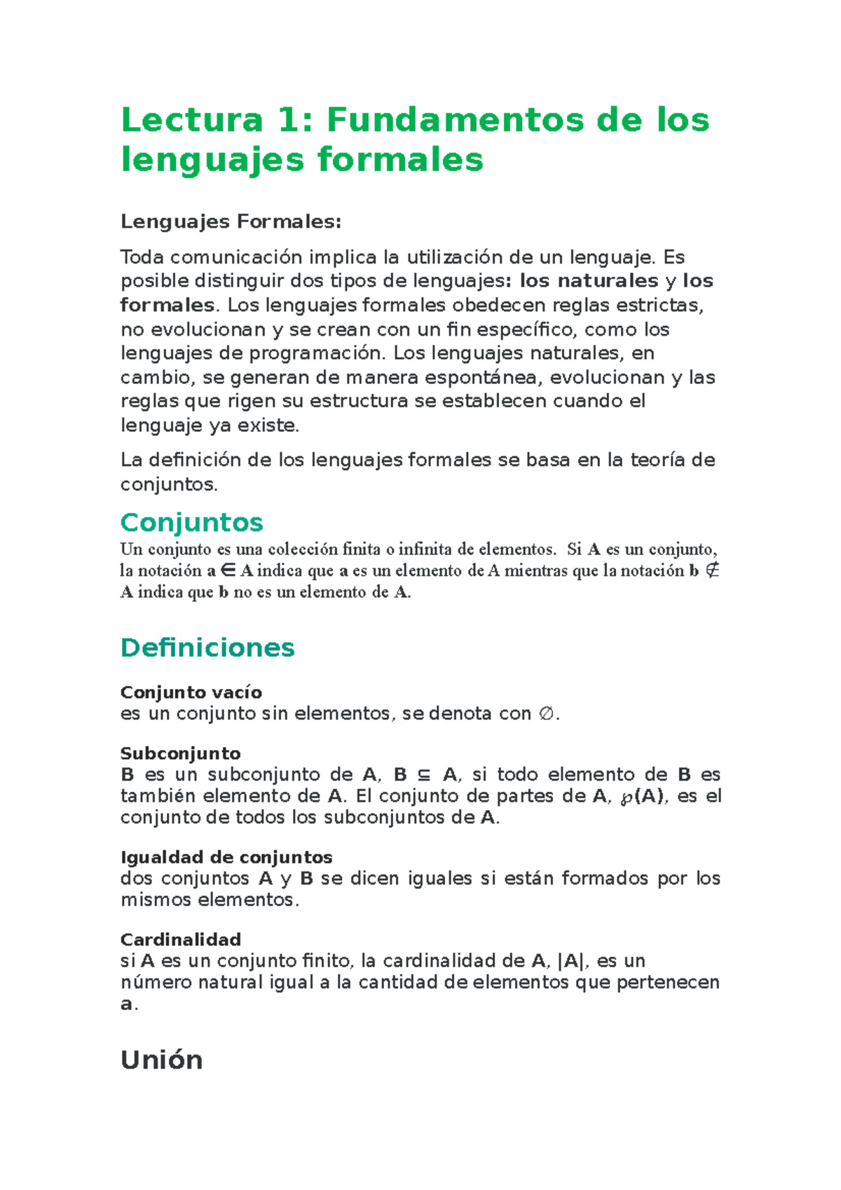 Resumen 1 LFYC - Lectura 1: Fundamentos de los lenguajes formales ...