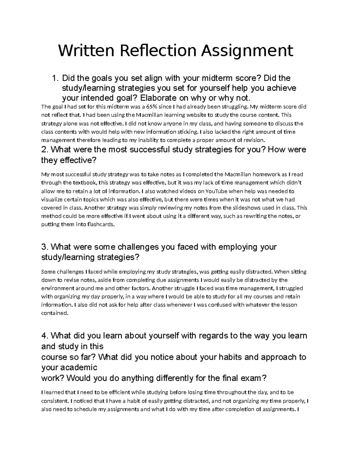 Written Reflection Assignment - Did the goals you set align with your ...